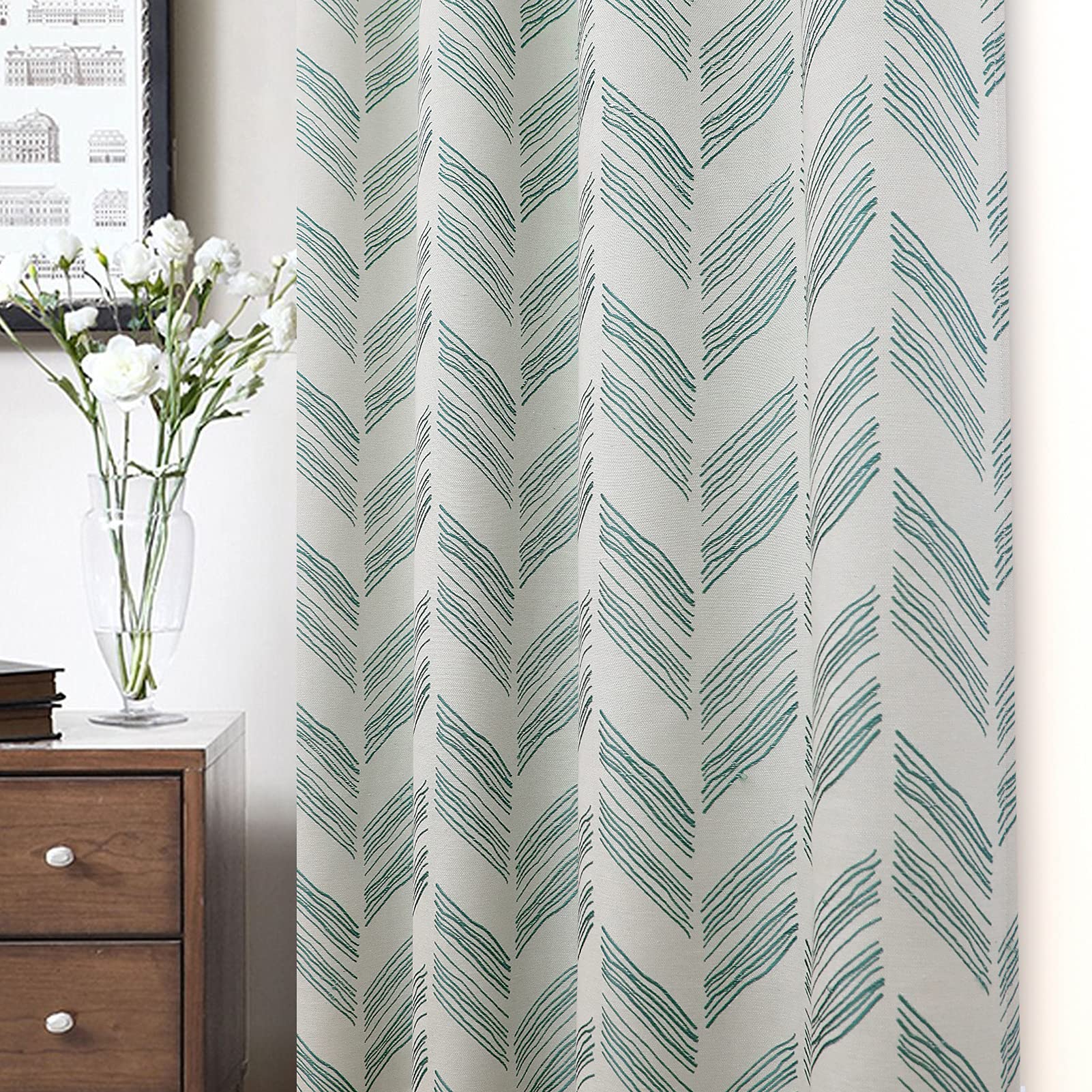 Vintage Jacquard Curtains 84 Inches Long for Bedroom Living Room Thermal Insulated Grommet Printed Curtain Drapes Primitive Linen Textured Burlap Effect Window Drapes 2 Panel - Blackish Green
