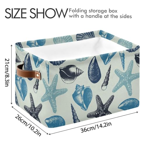 Sea Shell Blue Storage Basket Bins Foldable Toy Baskets Organization with Handles Laundry Hamper for Bedroom Office Clothes Pet Nursery Living Room,2 pcs