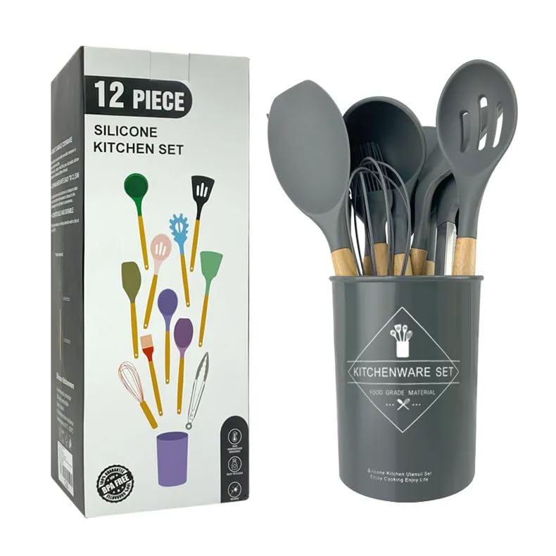 Silicone Kitchenware Cooking Utensils Set with Wooden Handle, Heat Resistant -12PCS: Turner Tongs,Spatula,Spoon,Brush,Whisk,Kitchen Utensil Gadgets Tools Set for Nonstick Cookware,(Grey)
