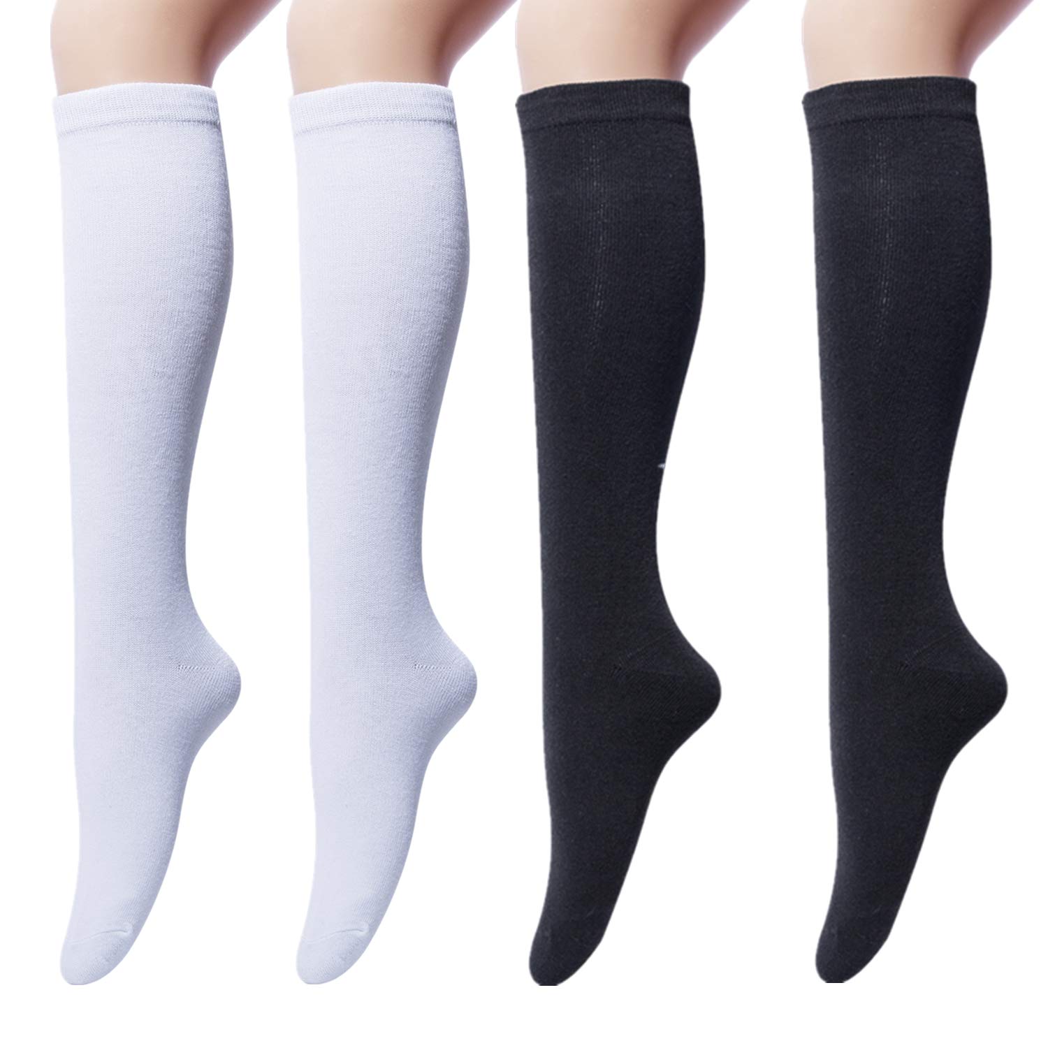 Senker Women's 4 Pairs Cotton Knee High Casual Solid Knit Socks, C White & Black, Large