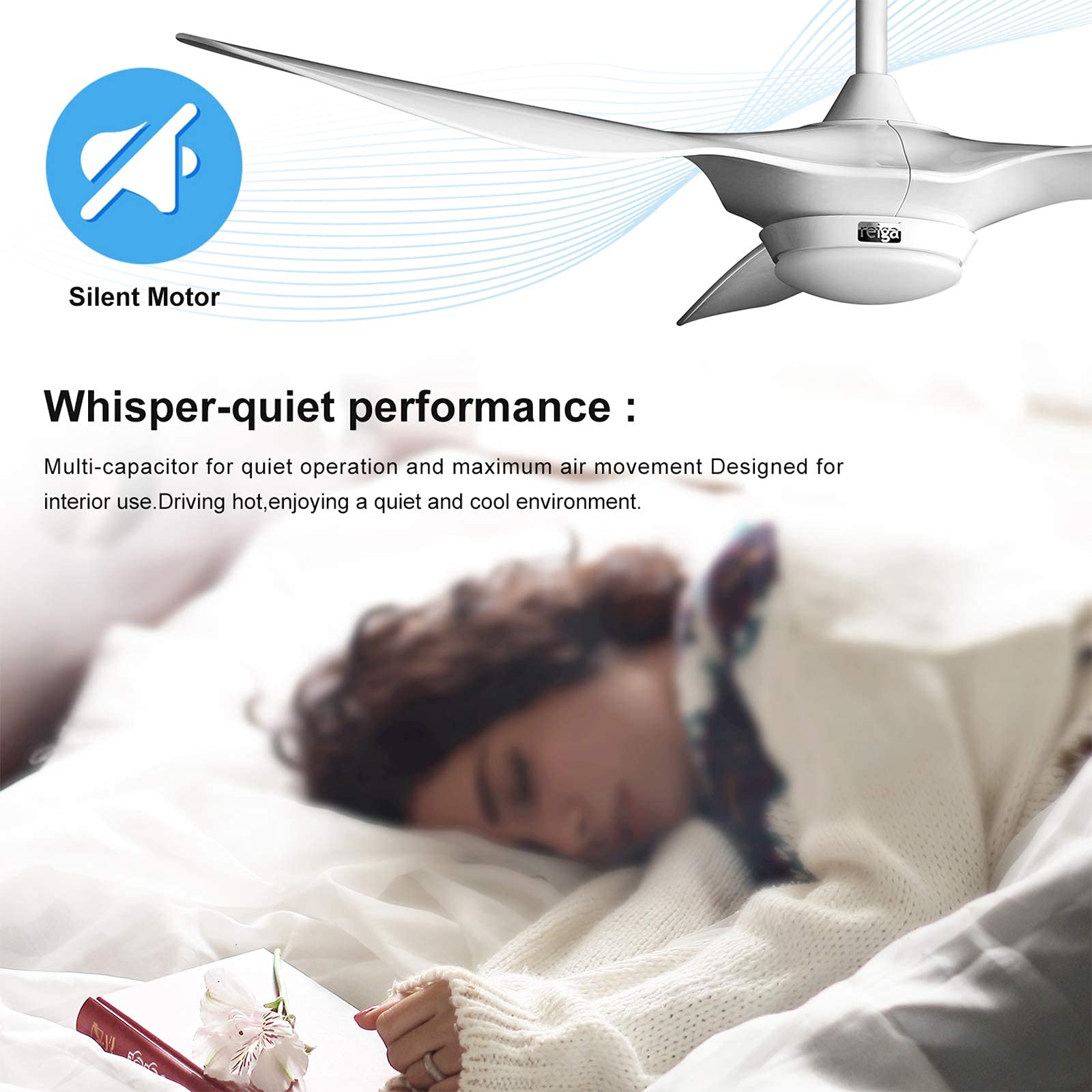 reiga 52-in Bright White Ceiling Fan with Dimmable LED Light Kit Remote Control Modern Blades Reversible DC Motor, 6-speed, Timer (Renewed)