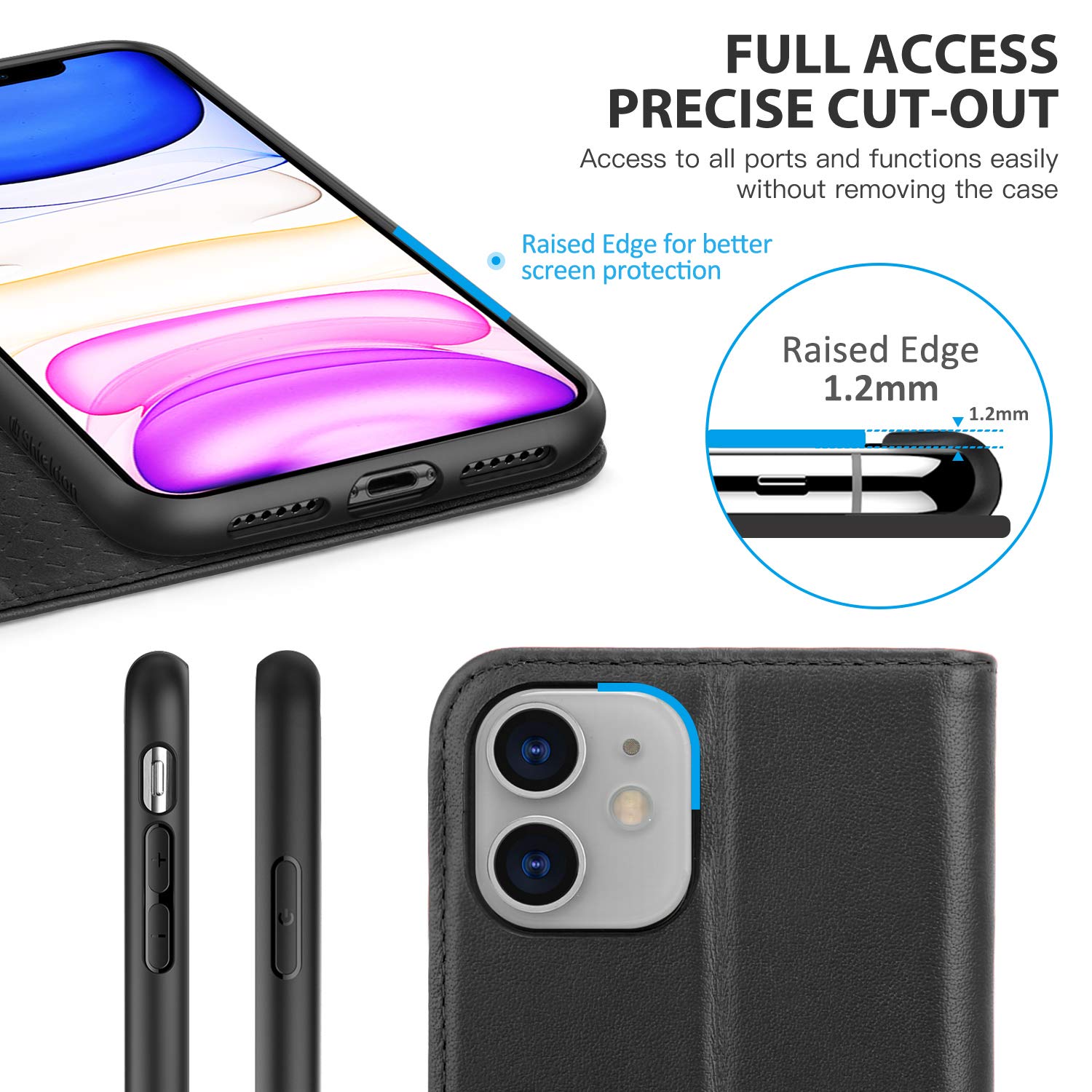 SHIELDON Case for iPhone 11, Genuine Leather Magnetic Wallet Cover Kickstand RFID Blocking Card Slot with TPU Shockproof Protective Cover Compatible with iPhone 11 (6.1 Inch, 2019) - Black