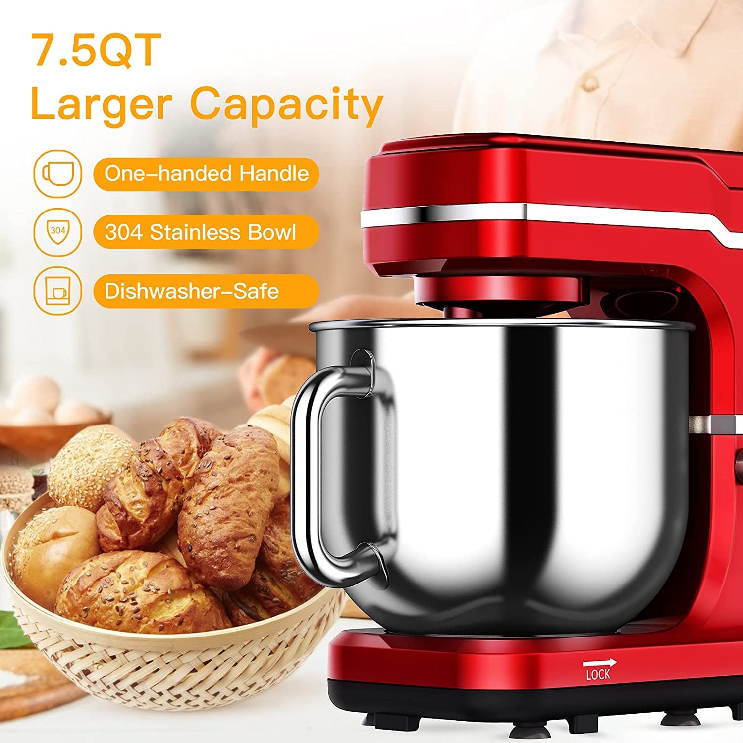 Tilt-head Stand Mixer,7.5QT 660w 10*Speed Electric Kitchen Mixer with Whisk,Dough Hook,Flat Beater,Splash-proof Cover dishwasher Safe for Baking, Cake, Cookie, Kneading U.S. regulations RED