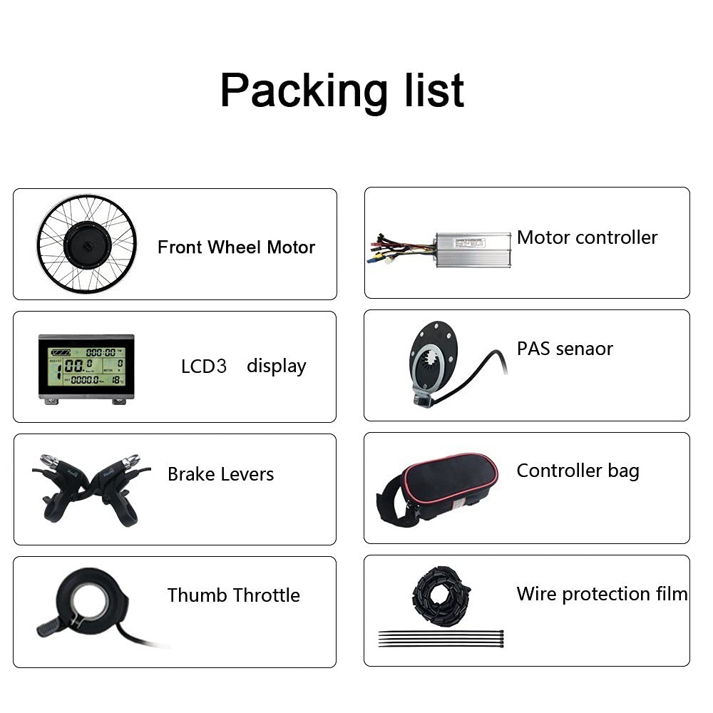 RICETOO 48V 1500W 20"/24"/26"/27.5"/28"/700C Front Wheel Electric Bicycle Conversion Motor Kit with Brushless Gear Hub Motor with KT-LCD3 Display. (48V 20 inch)