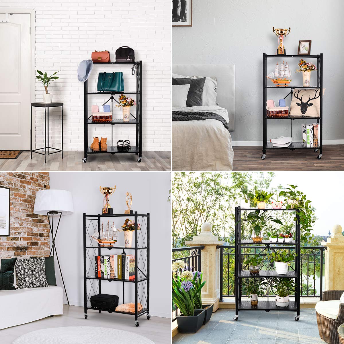 XCSOURCE 4-Tier Foldable Storage Shelves, Wide Folding Metal Shelf with Caster Wheels for Garage Kitchen Home Closet Office, No Assemble Needed - Black
