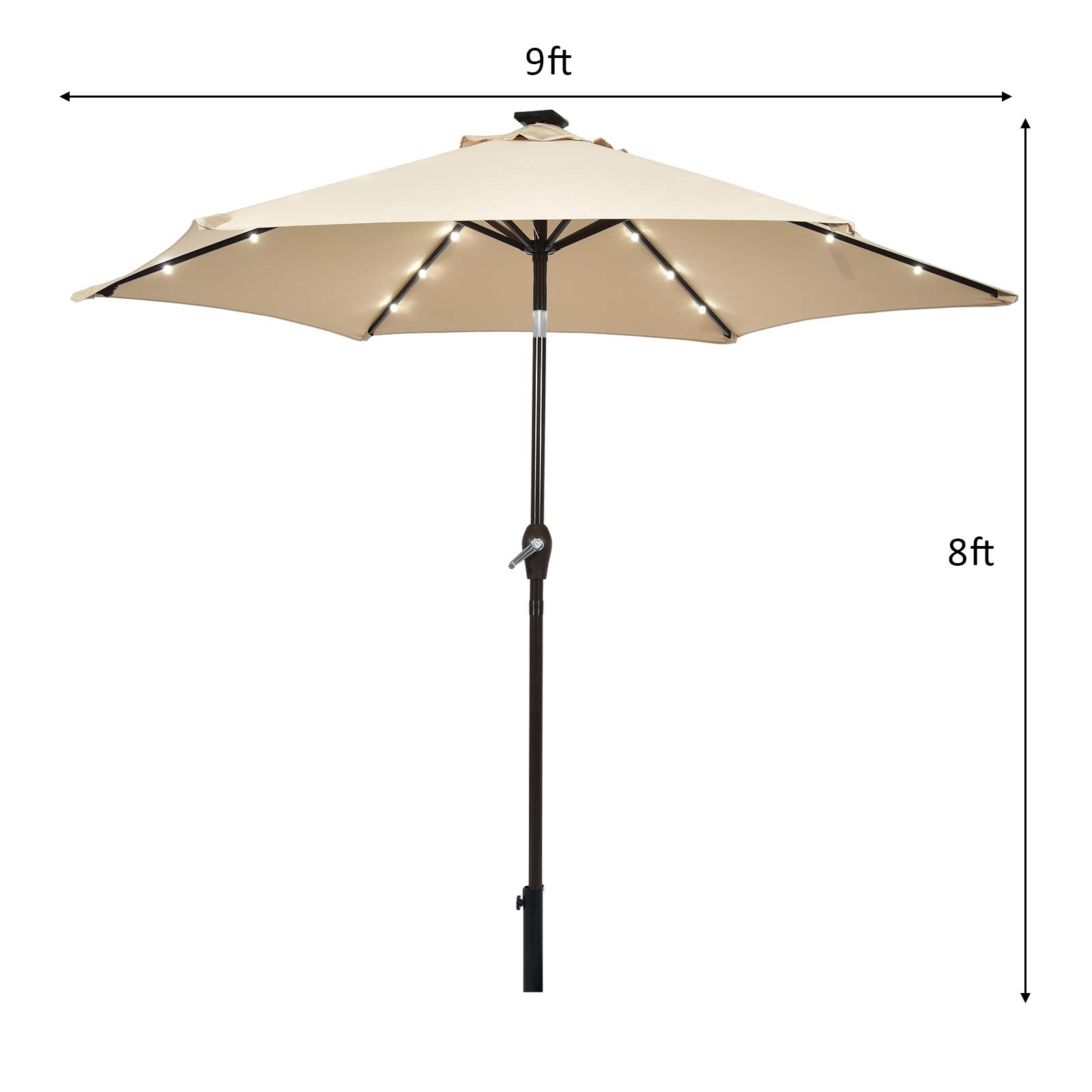 Tangkula 9FT Solar Powered LED Lighted Patio Umbrella, Table Market Umbrella with Tilt and Crank, Outdoor Umbrella with 6 Sturdy Ribs for Garden, Deck, Backyard & Pool (Beige)