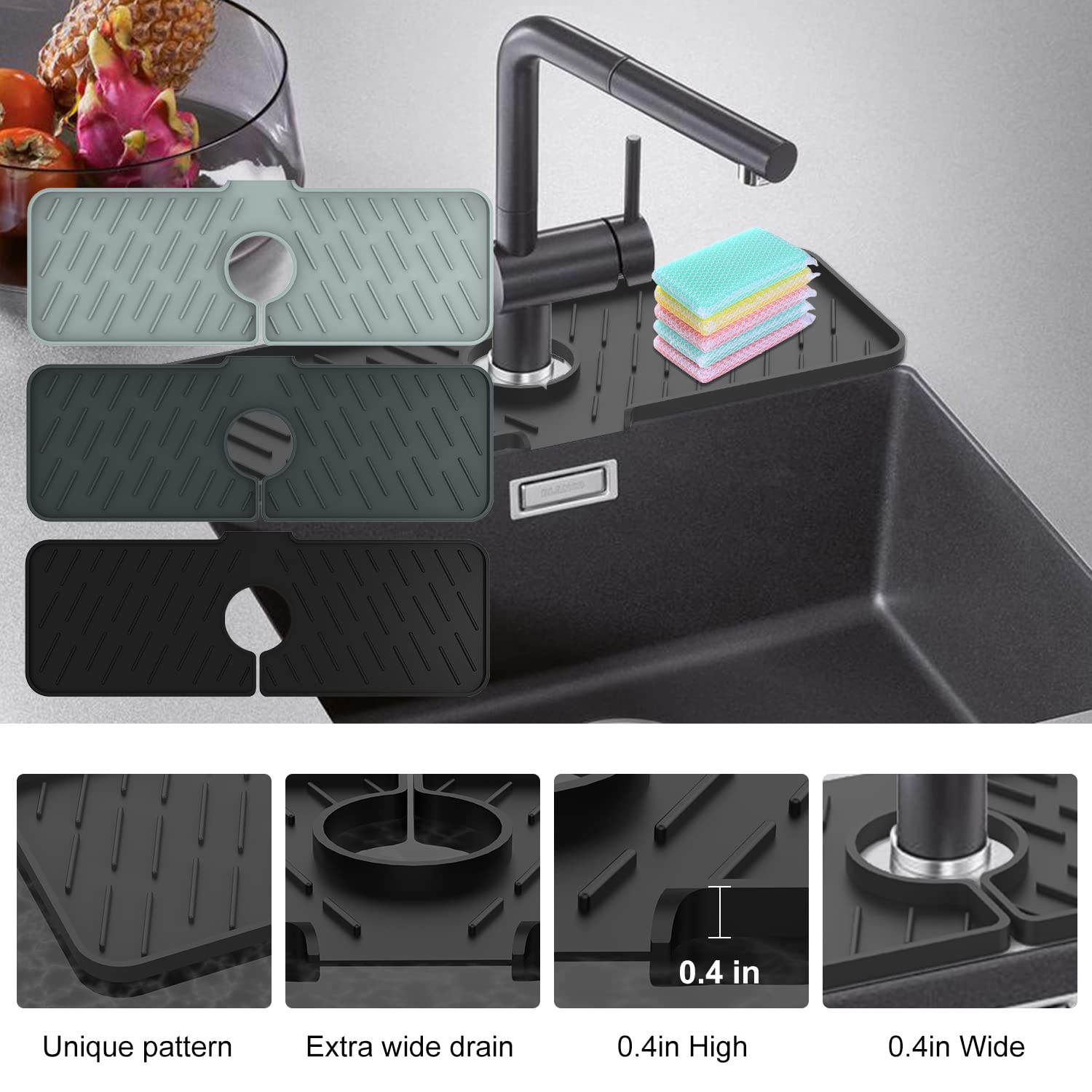 Silicone Sink Splash Guard, 17.7” x 5.5” Faucet Water Catcher Mat, Slope Type Design Longer kitchen Sink Mat, Faucet Handle Drip Catcher Tray Mat for Kitchen Countertop-Faucet Splash Guard