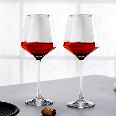 Ufrount Wine Glasses Set of 10,Clear Hexagon Shaped Wine Glass 15 Ounce,Red Wine Long Stem Glassware,Diamond Shaped Old Fashioned Stemware for Beverage,Home Bar