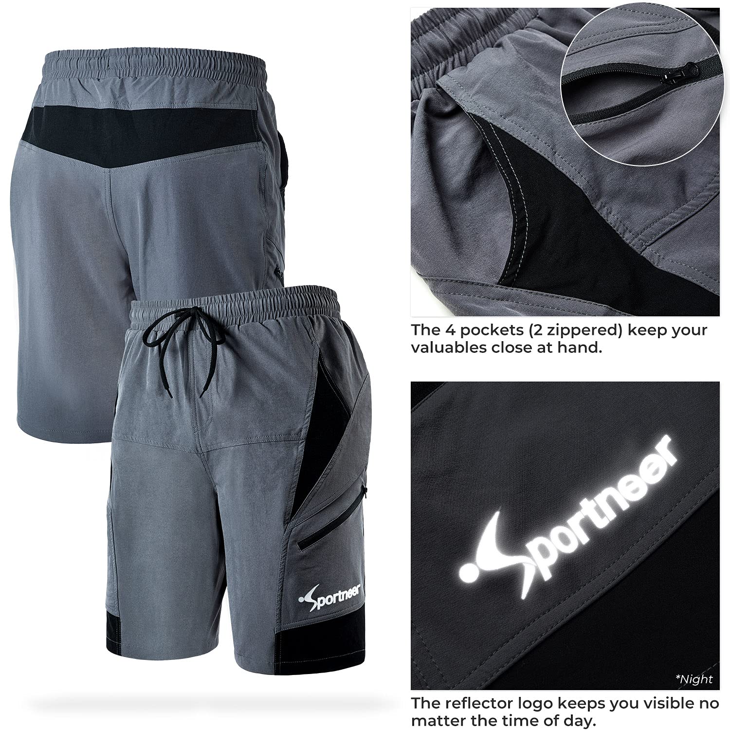 Sportneer Mens Mountain Bike Shorts - 3D Padding MTB Cycling Shorts for Men with Liner and Loose Fit (Medium, Grey)