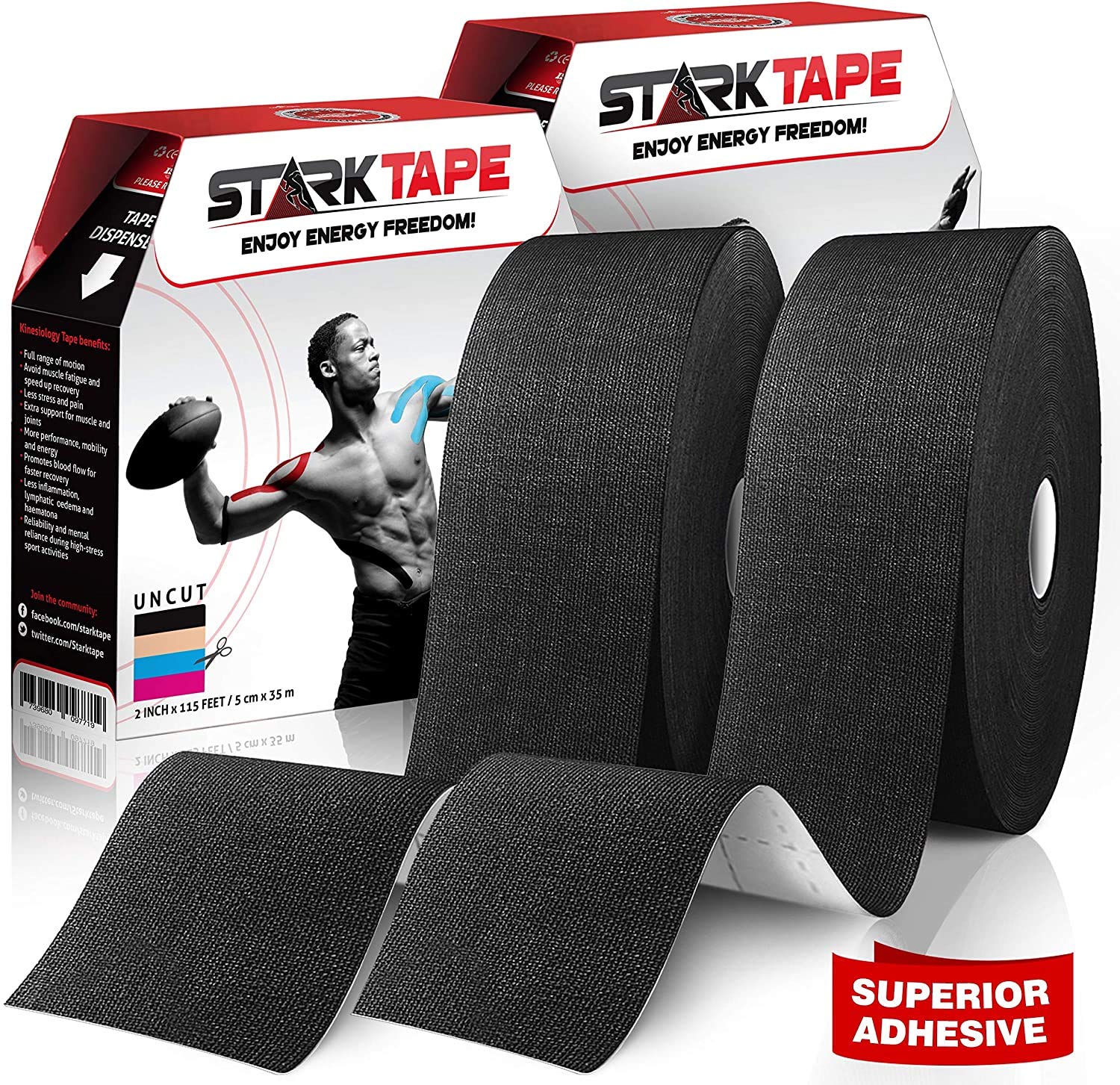 Starktape Kinesiology Tape - Professional 2 Pack Bulk Physio Rolls Sports Tapes for Sensitive Skin. K Physical Therapy Tape for Knee, Shoulder, Ankle, Wrist, Foot, Back Injury Muscle Pain aid - BLACK