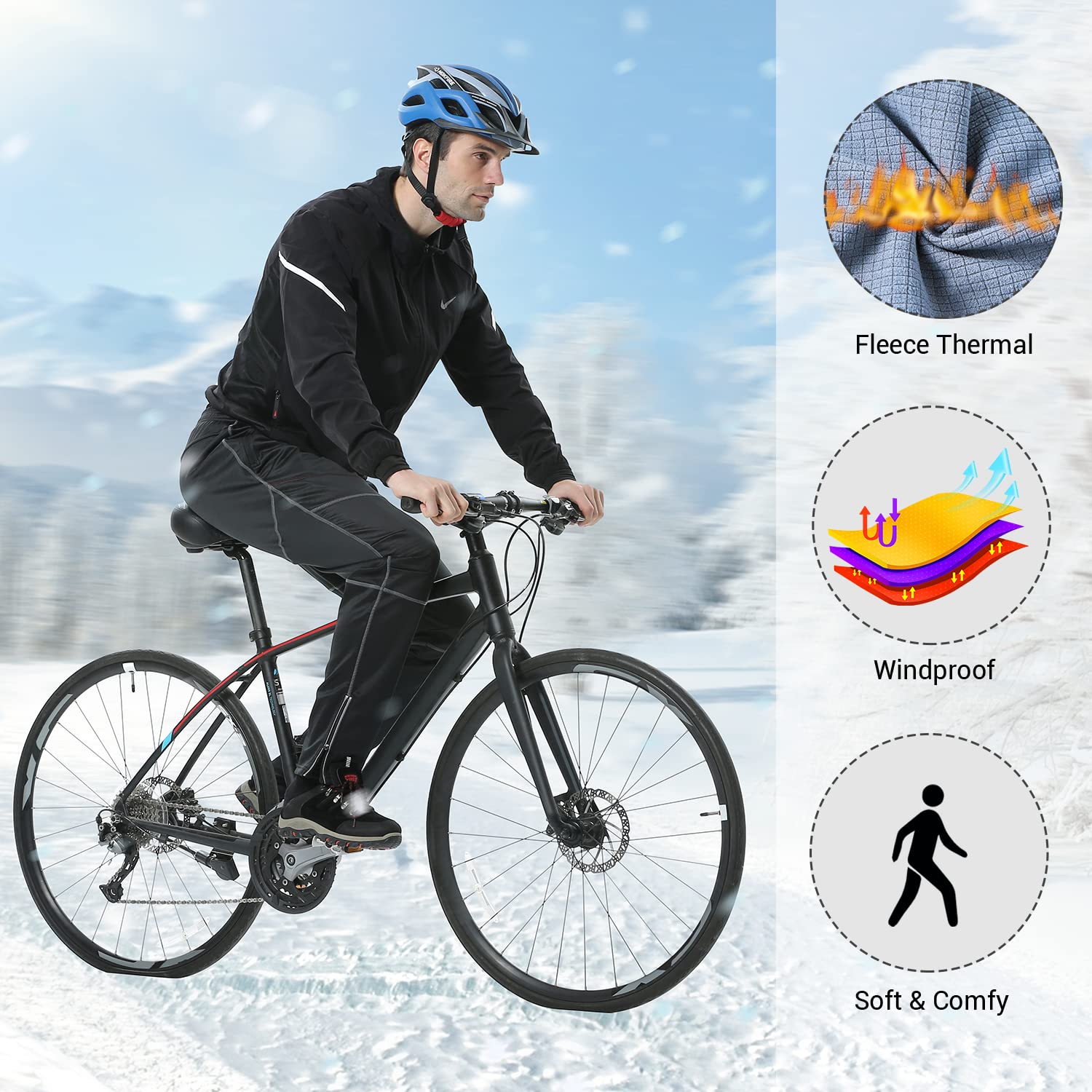 Sportneer Mountain Bike Pants for Men Fleeced Windproof Cycling Running Winter Hiking MTB Pants Workout Multi Sports Pants Black