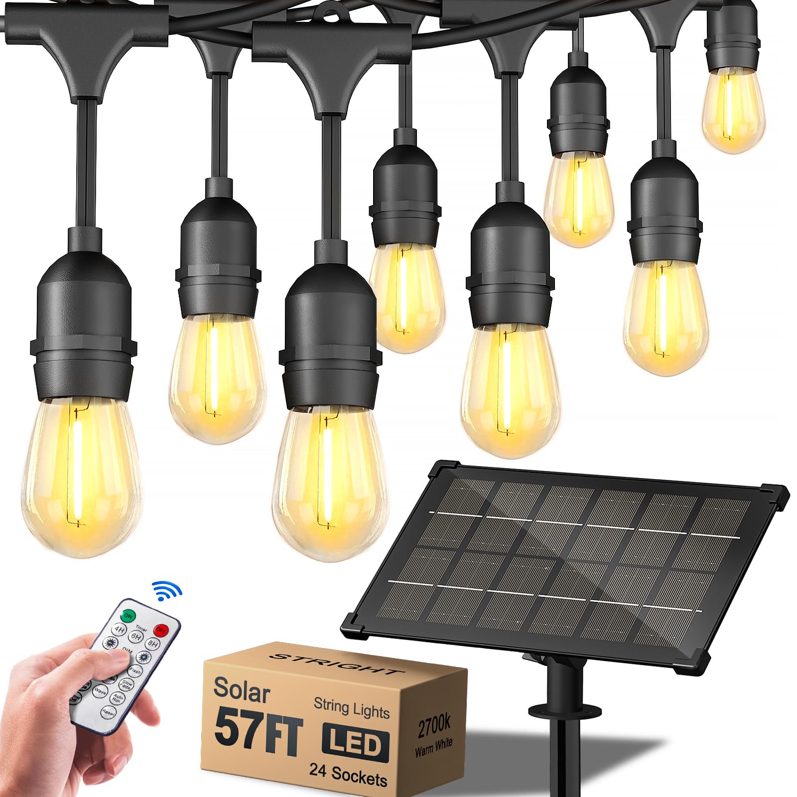 Stright 35FT Solar String Lights Outdoor Weatherproof with Remote, Solar Powered LED Edison Bulb Outdoor String Lights for Outside Patio Backyard Fence Halloween Christmas Decorations