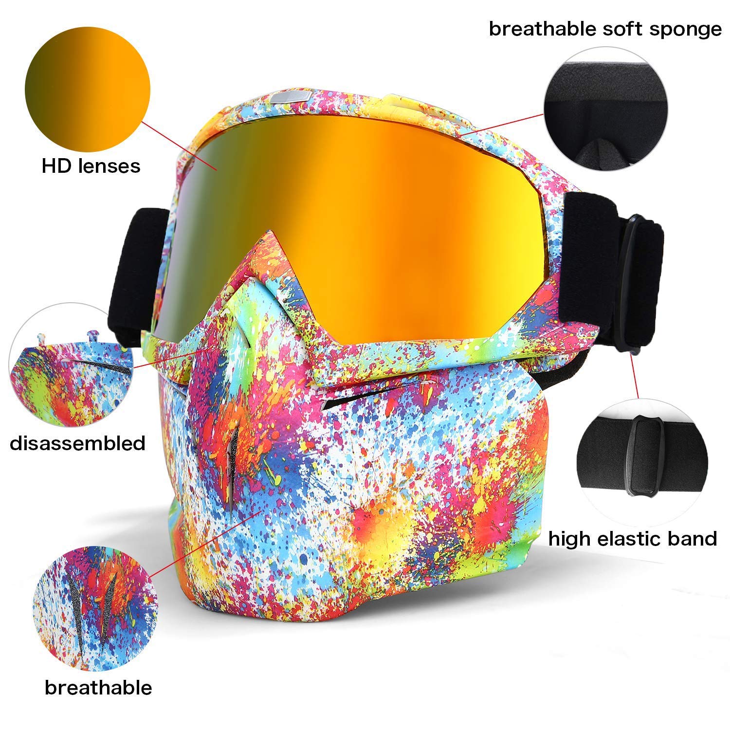 Smarcent Ski Snowboard Snowmobile Goggles Mask Motorcycle Goggles Mask Protect Padding Helmet Sunglasses (Rainbow)