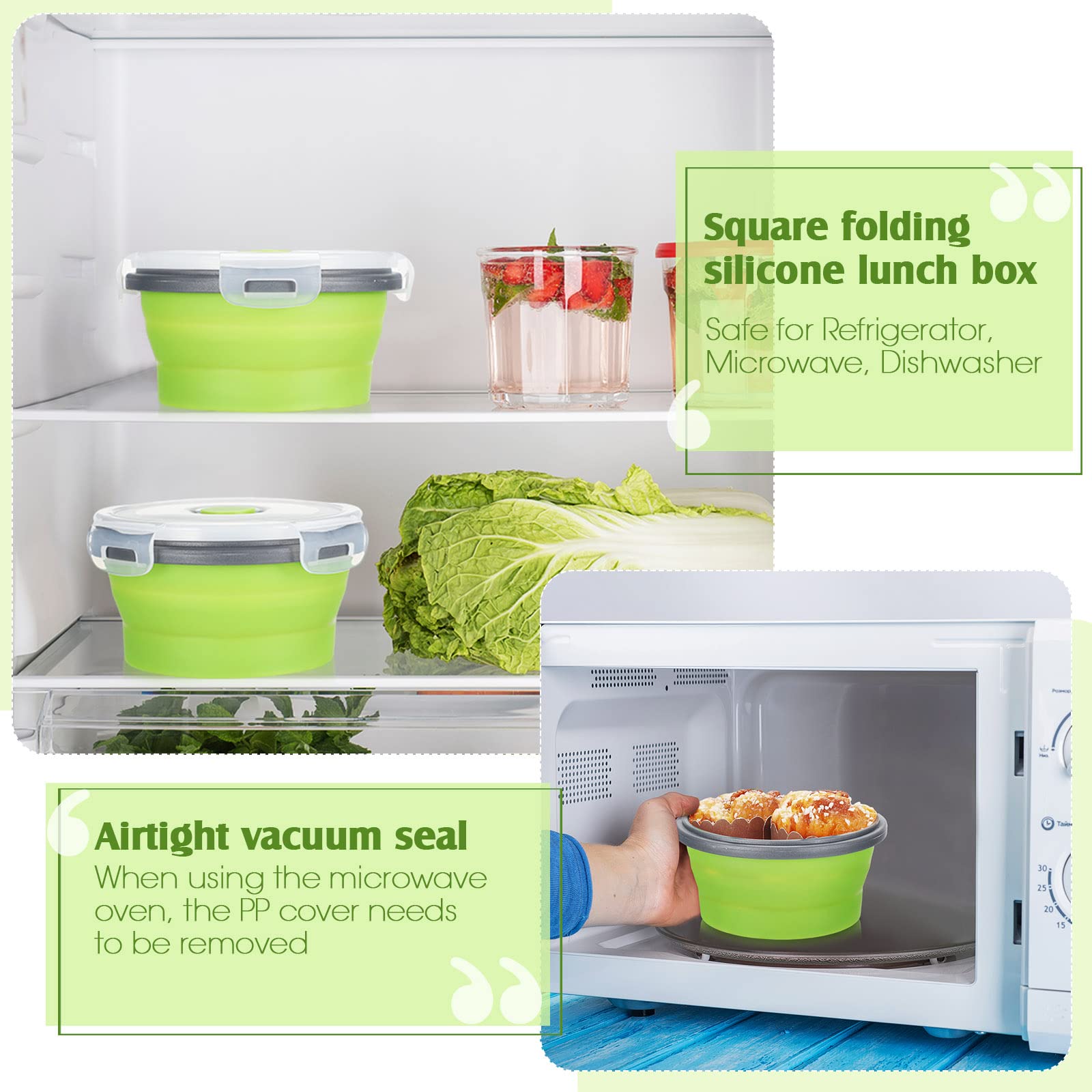 Tanlade 12 Pack Collapsible Bowls with Lids 17oz Collapsible Food Storage Containers Round Lunch Containers Silicone Collapsible Bowls for Camping RV Kitchen Microwave Dishwasher (Gray, Green)
