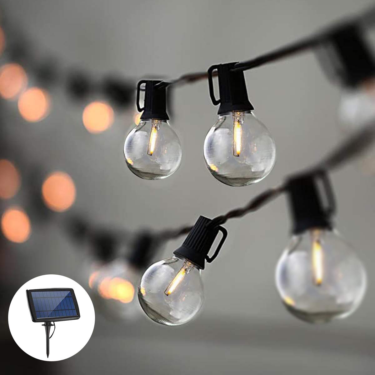 Solar Outdoor String Lights, 25Ft Globe Patio Lighting with 25 G40 LED Bulbs + 1 Spare Bulb, Waterproof String Lights for Indoor Outdoor Garden Backyard Patio Cafe Umbrella Lamp Party Lights Decor