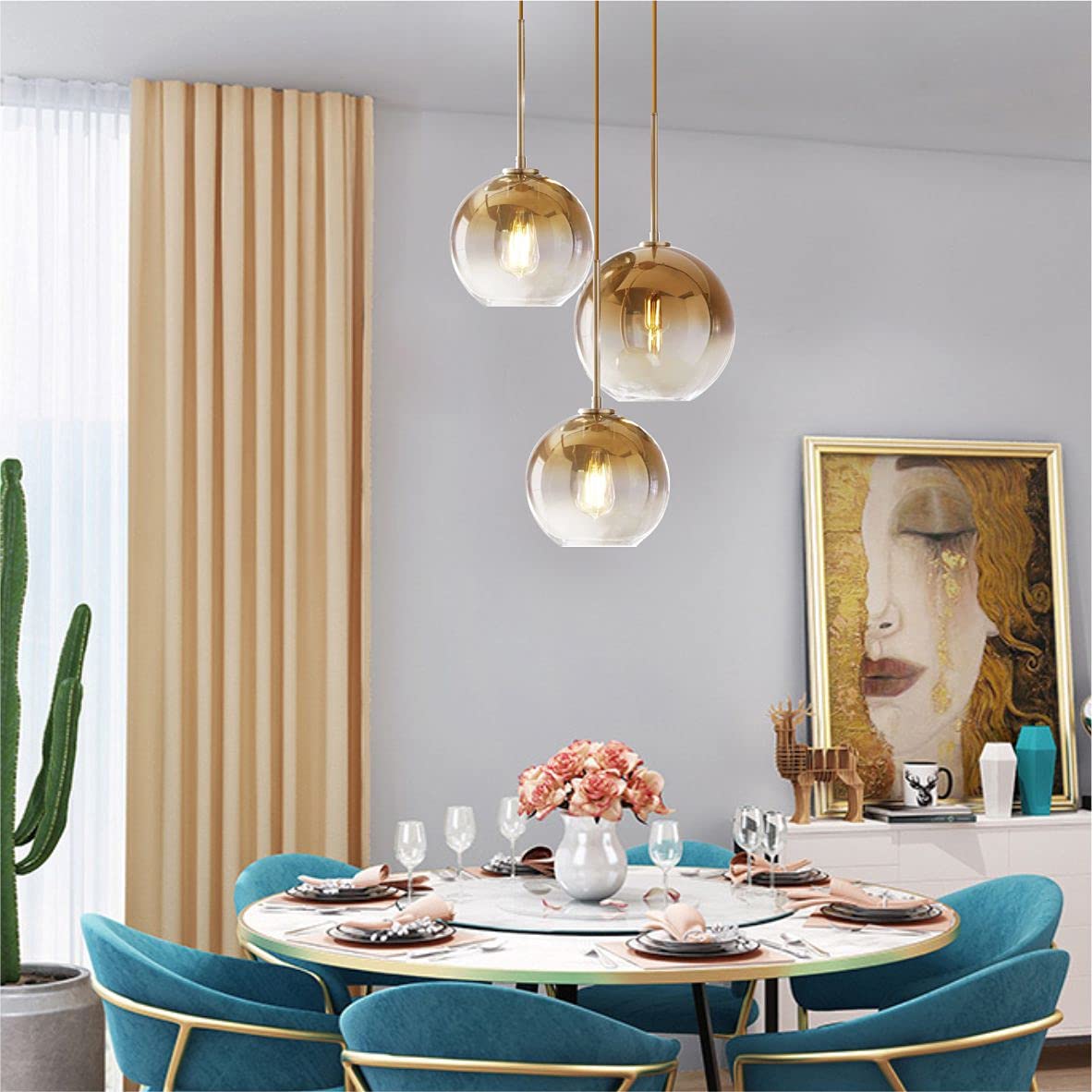 PULEE Modern Globe Pendant Light 1-Light Gradient Shade Glass Hanging Lamp Mid Century Hanging Light Fixture Adjustable Indoor Pendant Lamp for Dining Room Bedroom Kitchen (gold-20)
