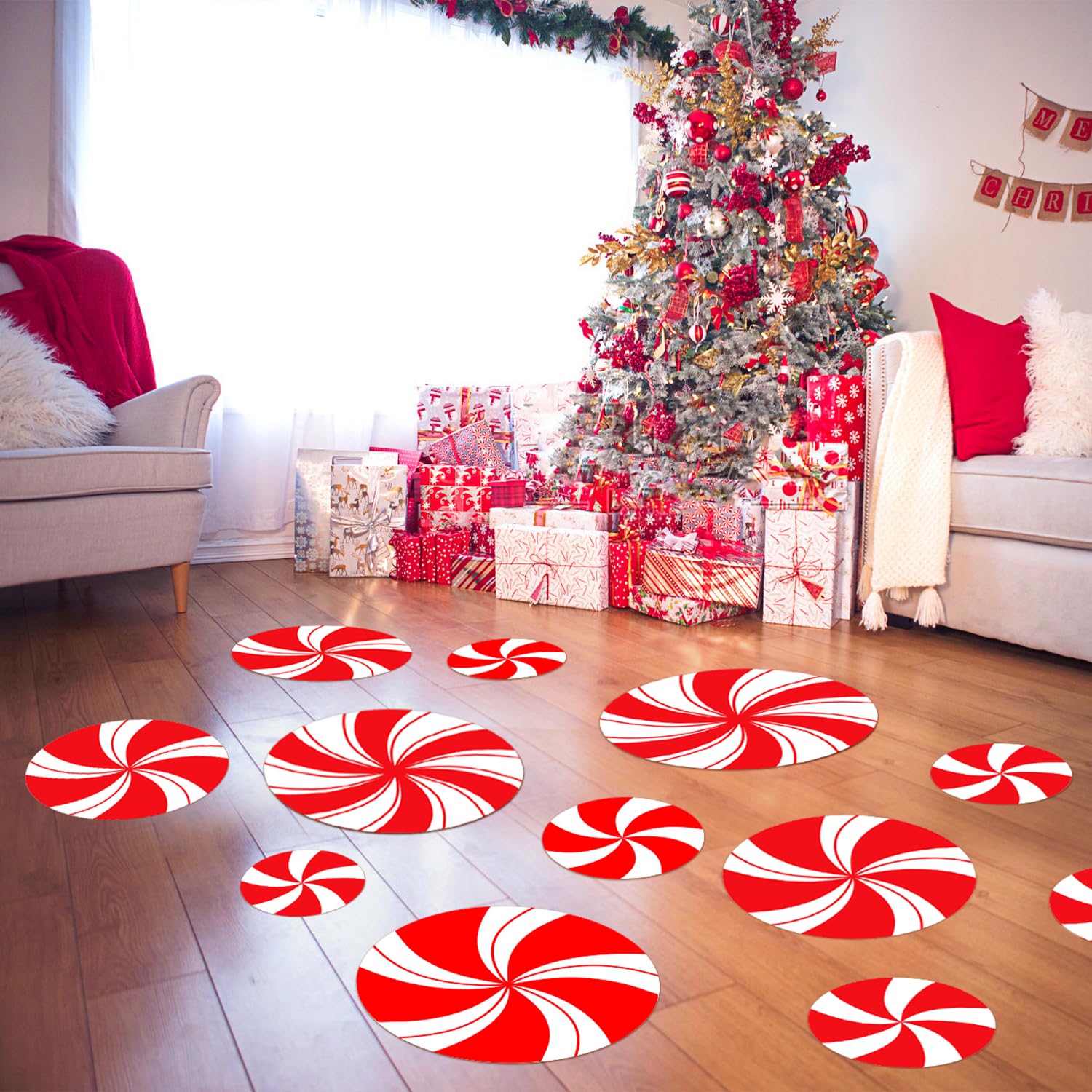 Rekcopu 12Pcs Peppermint Floor Decals Stickers for Christmas Candy Party Decoration Supplies