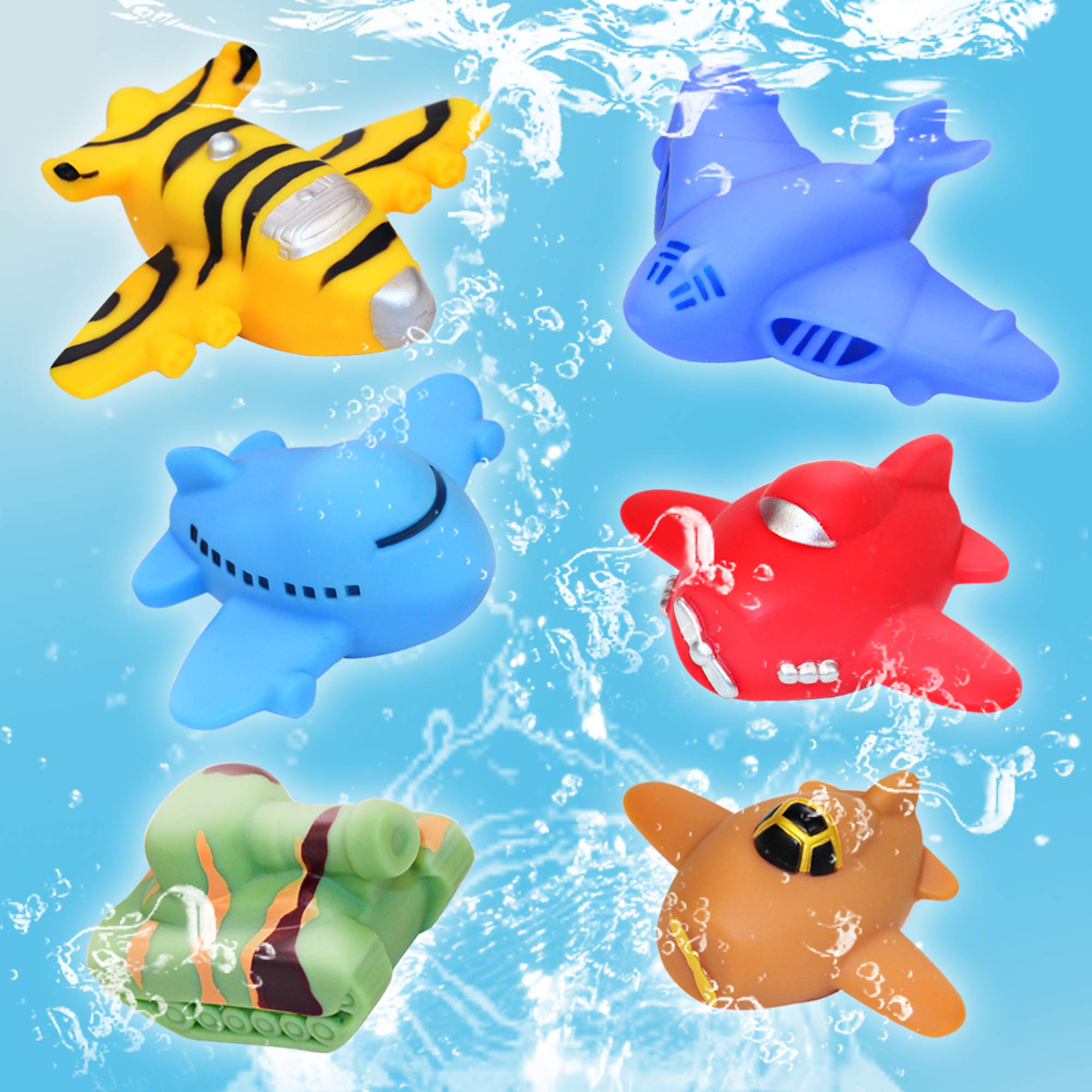 yoliyogo Floating Plane Toy with Auto Flashing Airplane and Tank Model Bath Floaties Play Set 6 pcs