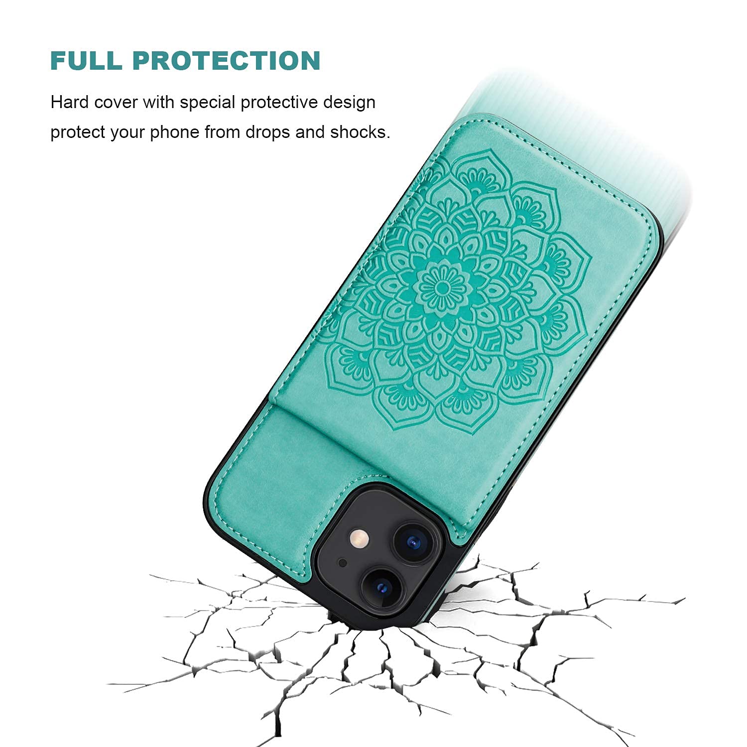 Vaburs Compatible with iPhone 12 and iPhone 12 Pro Case with Wallet Card Holder,Embossed Mandala Pattern Flower PU Leather 4 Card Slots Kickstand Shockproof Flip Cover 6.1 Inch(Green)