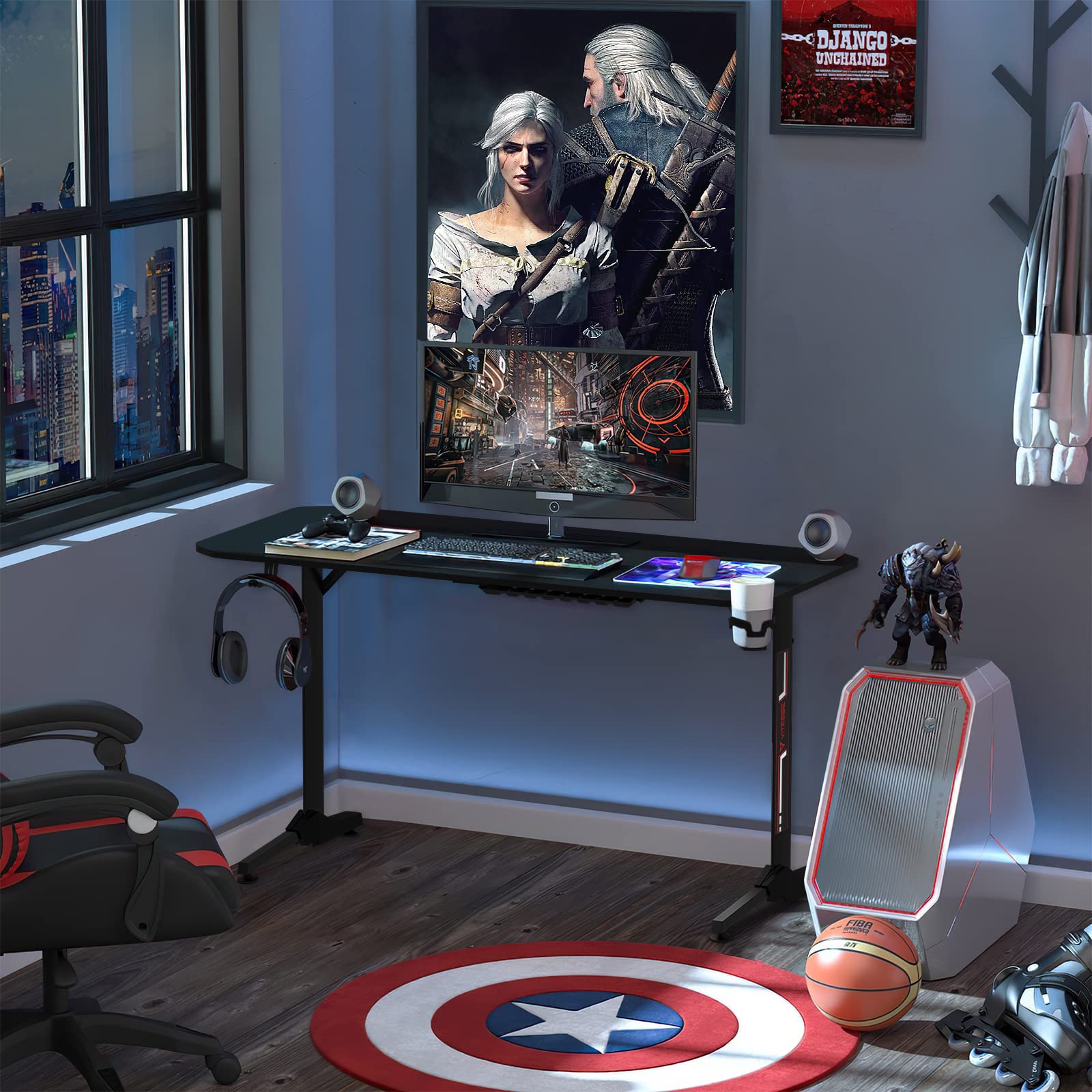 Waleaf Gaming Desk 55 inch, Gaming Computer Desk, PC Gaming Table, T Shaped Racing Style Professional Gamer Game Station with Large Mouse pad, Gaming Handle Rack, Cup Holder…
