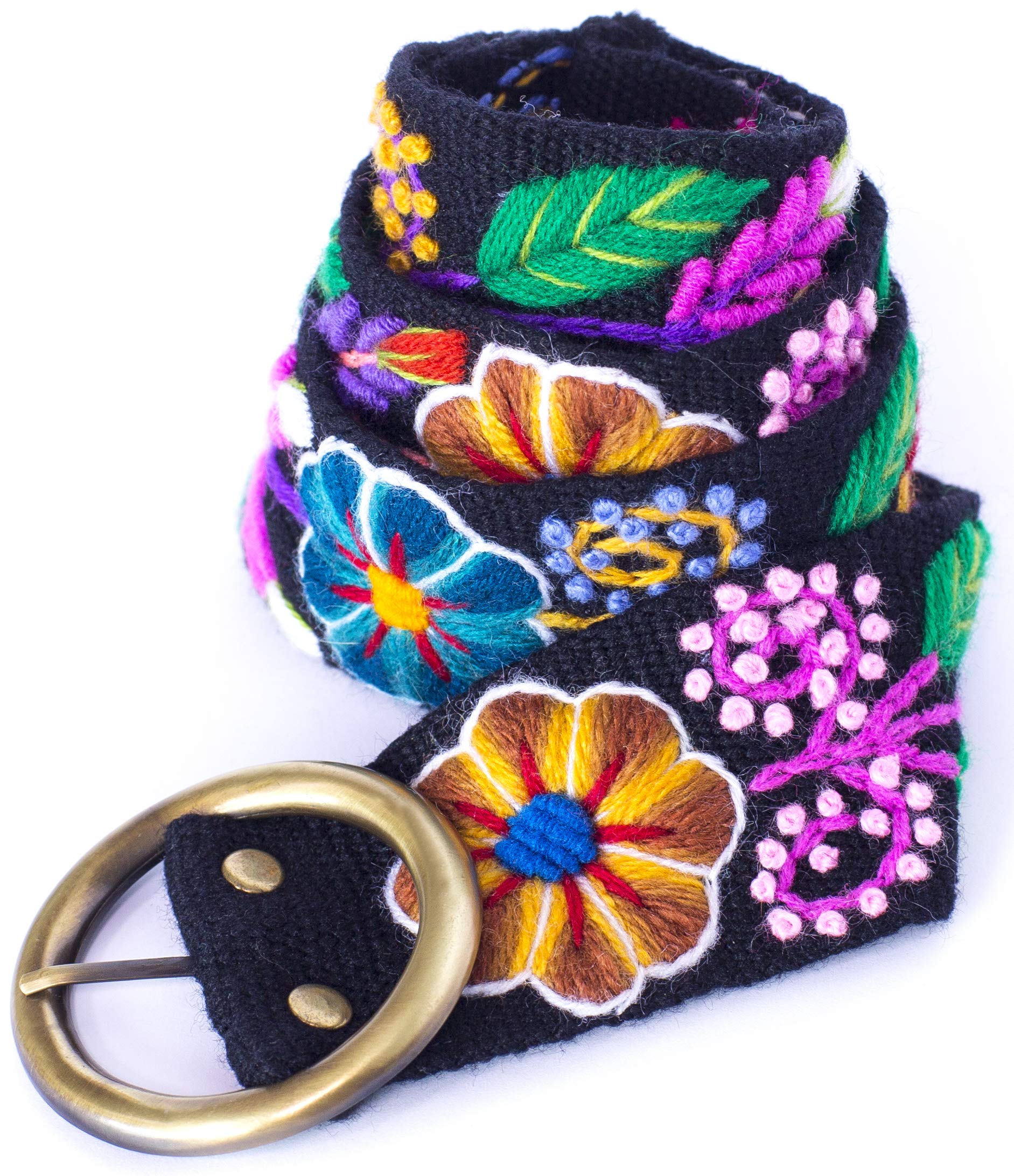 RAYMIS Womens Alpaca Wool Handmade Belt with Colorful Embroidered Flowers (Black)