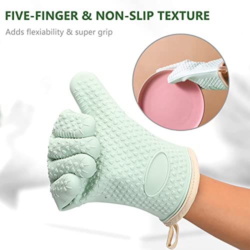 Yawcas Heat Resistant Silicone Oven Mitt,Oven Gloves with Fingers, Super Grip, Food Grade, Waterproof, for Cooking & Baking, Light Green, 2 Pack