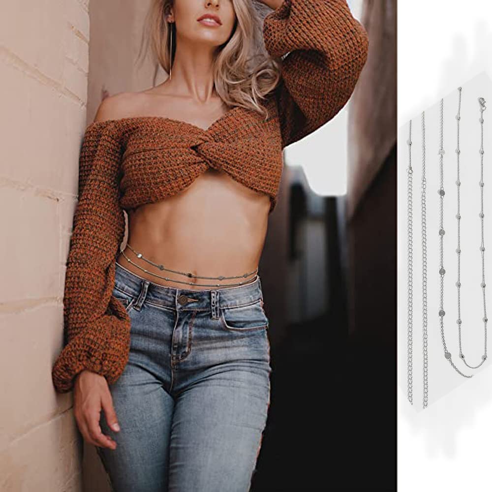 Simple Shiny Sequins Belly Chain Layered Body Chain Jewelry for Women Girls Summer Beach Bikini Accessories (Silver)