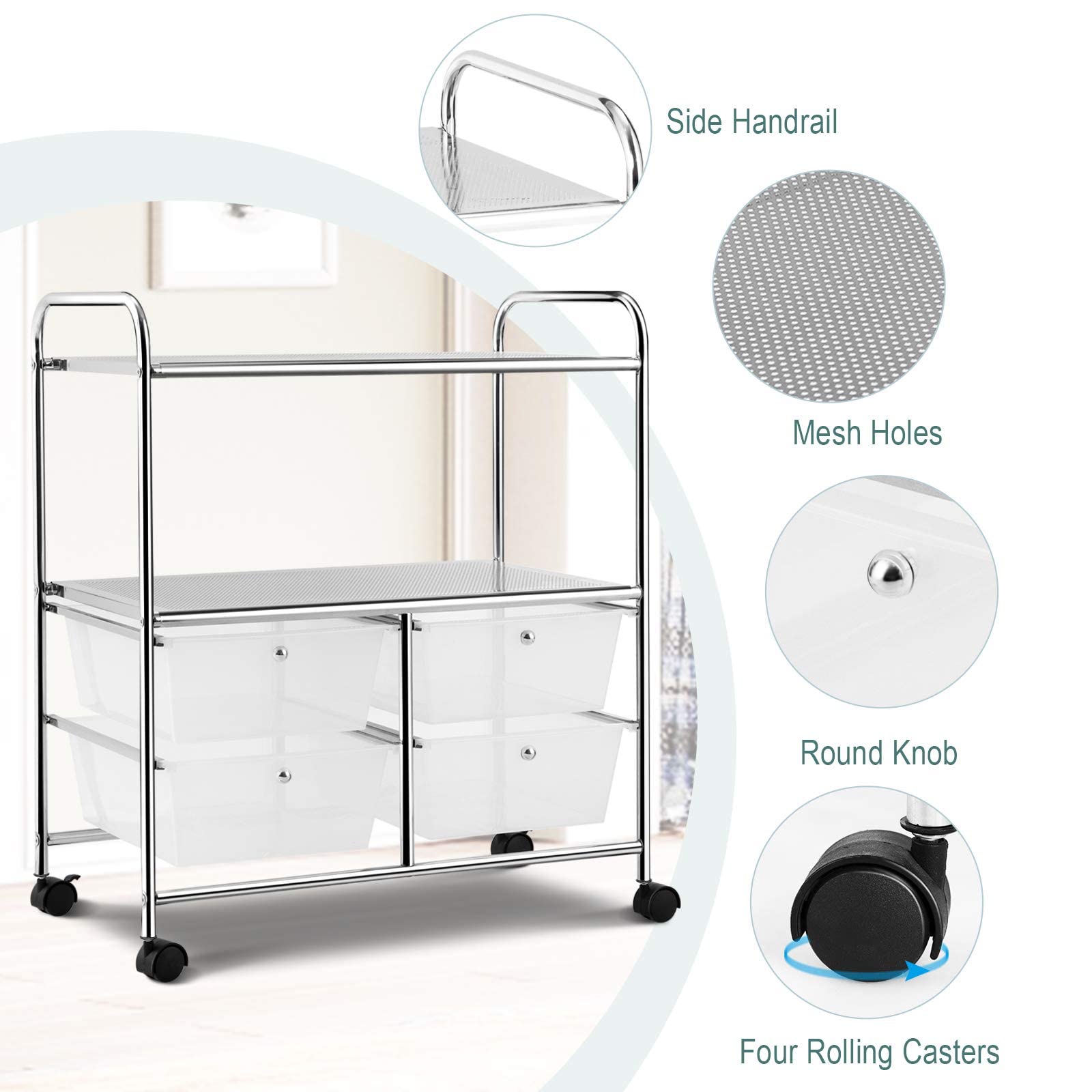RELAX4LIFE Storage Cart W/Four Drawers, Wheels and Two Shelves, Stable Steel Frame Craft Cart for Office,Home, Make Up Storage and Files Arrangement Storage Cart Organizer (Clear)