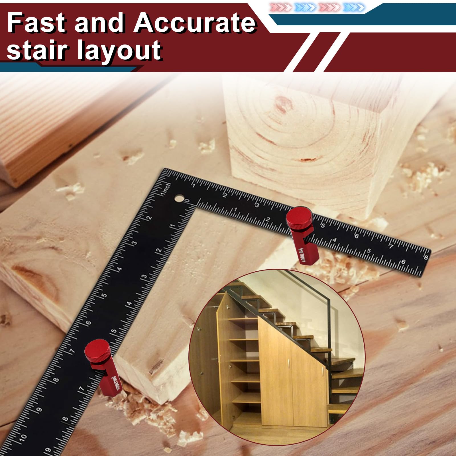 Tall Stair Gauges for Framing Square with Holder and Carabiner, Stair Gauge Knobs Tool for Layout Attachment Framing Jigs, Squares Stair and Rafter Gauge Clamps, Red