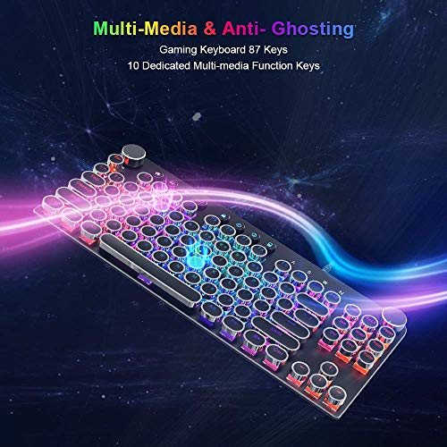STOGA Mechanical Keyboard, 87 Keys Brown Switch RGB Keyboard with Media Control Knobs, Retro Round Keys Gaming Keyboard, Black