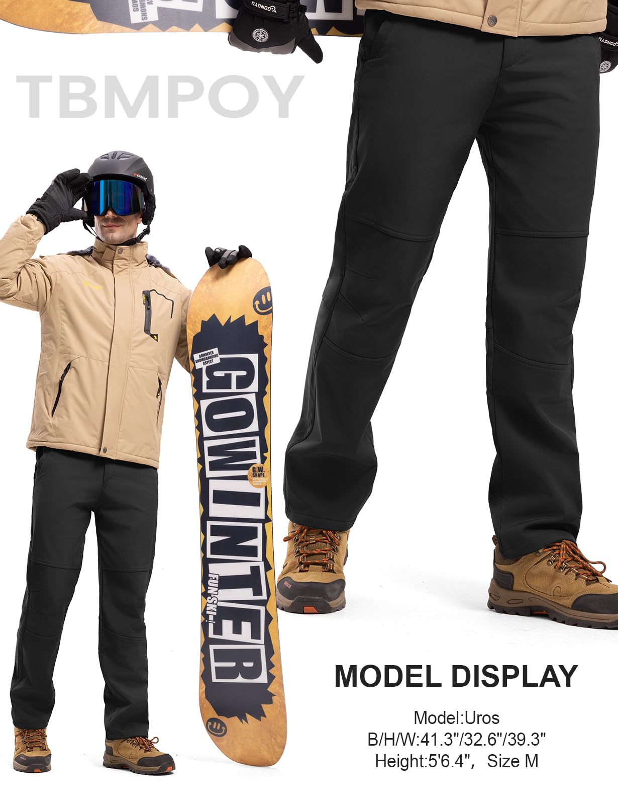 TBMPOY Men's Snow Ski Hiking Pants Waterproof Winter Fleece Lined Pants Camping Skiing Ice Fishing Pants with Belt 01 Thick Black L