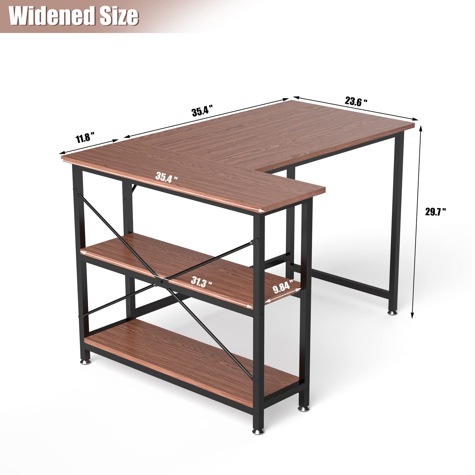 Pyraxis L Shaped Computer Desk, 47 Inch Gaming Desks with Hooks, Corner Desk with Storage Shelves, Office Desk for Small Space, Reversible Desks for Home Office, Walnut