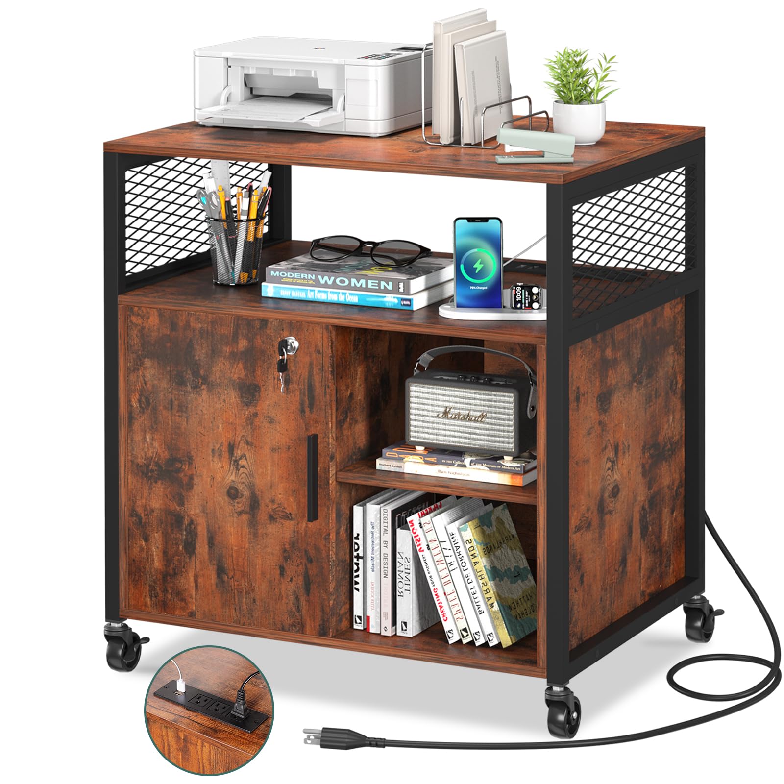 Yoobure Lateral File Cabinet with Charging Station, Filing Cabinet with Open Shelves, Rolling Printer Stand with Storage for A4 Letter Size File Folder, Office Storage Cabinet Printer Table with Lock