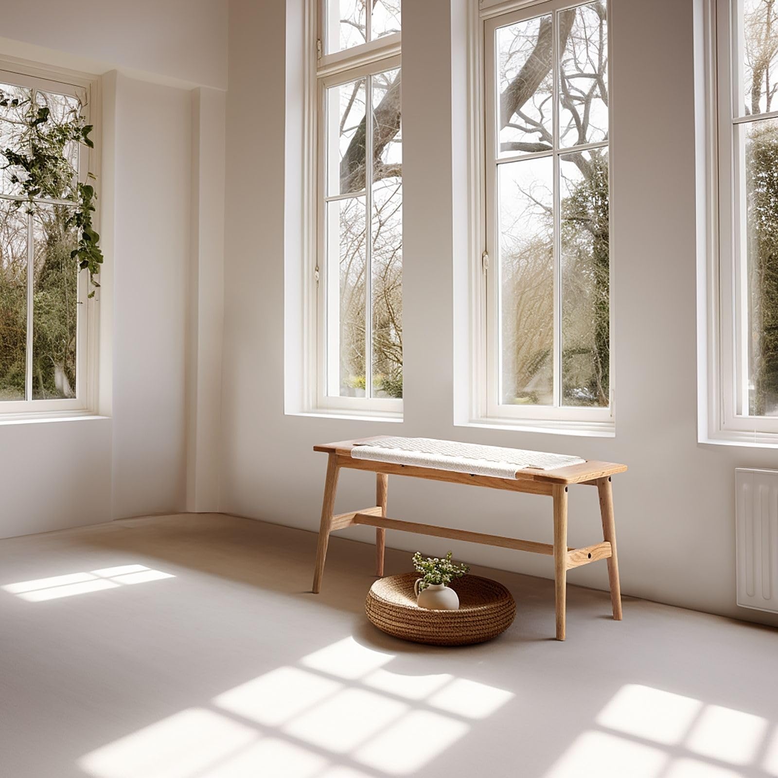 Vadisun 100% Solid Oak Wood Bench,Hand Woven Chair Surface Design,Solid Structure of Chair Legs,Bedroom Bench/Entryway Bench/Dining Bench (Off-White,31.49β*11.81β*15.98β)