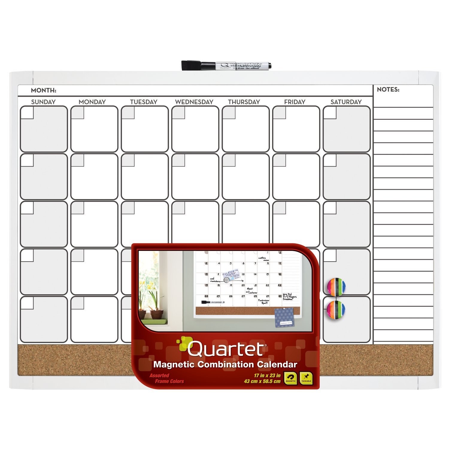 Quartet Dry Erase Board / Cork Board, Calendar Board, Magnetic, 17"x 23", 1-Month Design with List, White Frame (79380-WT)