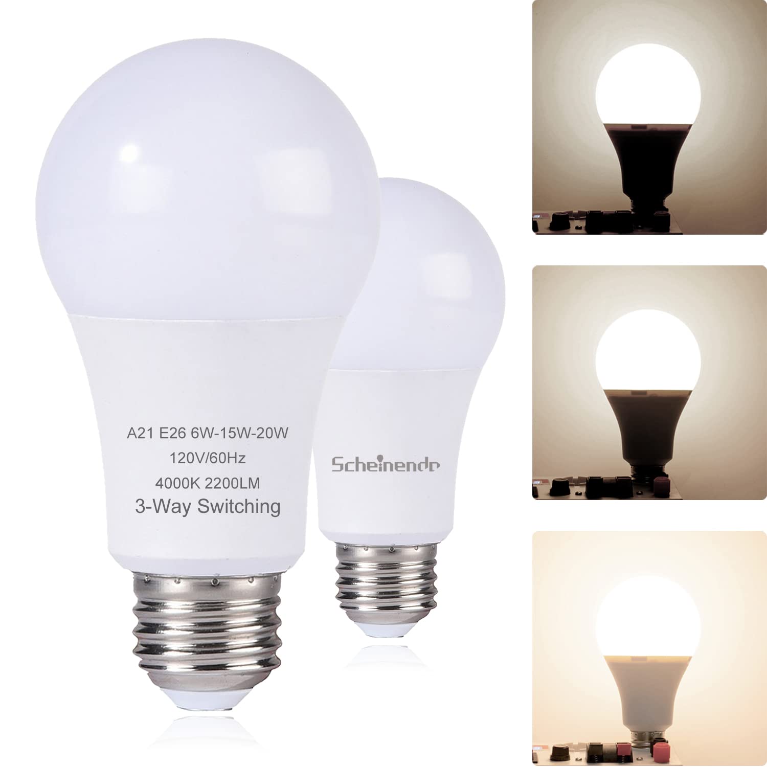 Scheinenda 3-Way Led Light Bulbs A21, 50 100 150 Watt Equivalent, Perfect for Reading, 4000K Natural White, Indoor Standard E26 Bulb, Energy Efficient 20 Watt, 2100 Lumens, 2 Pack