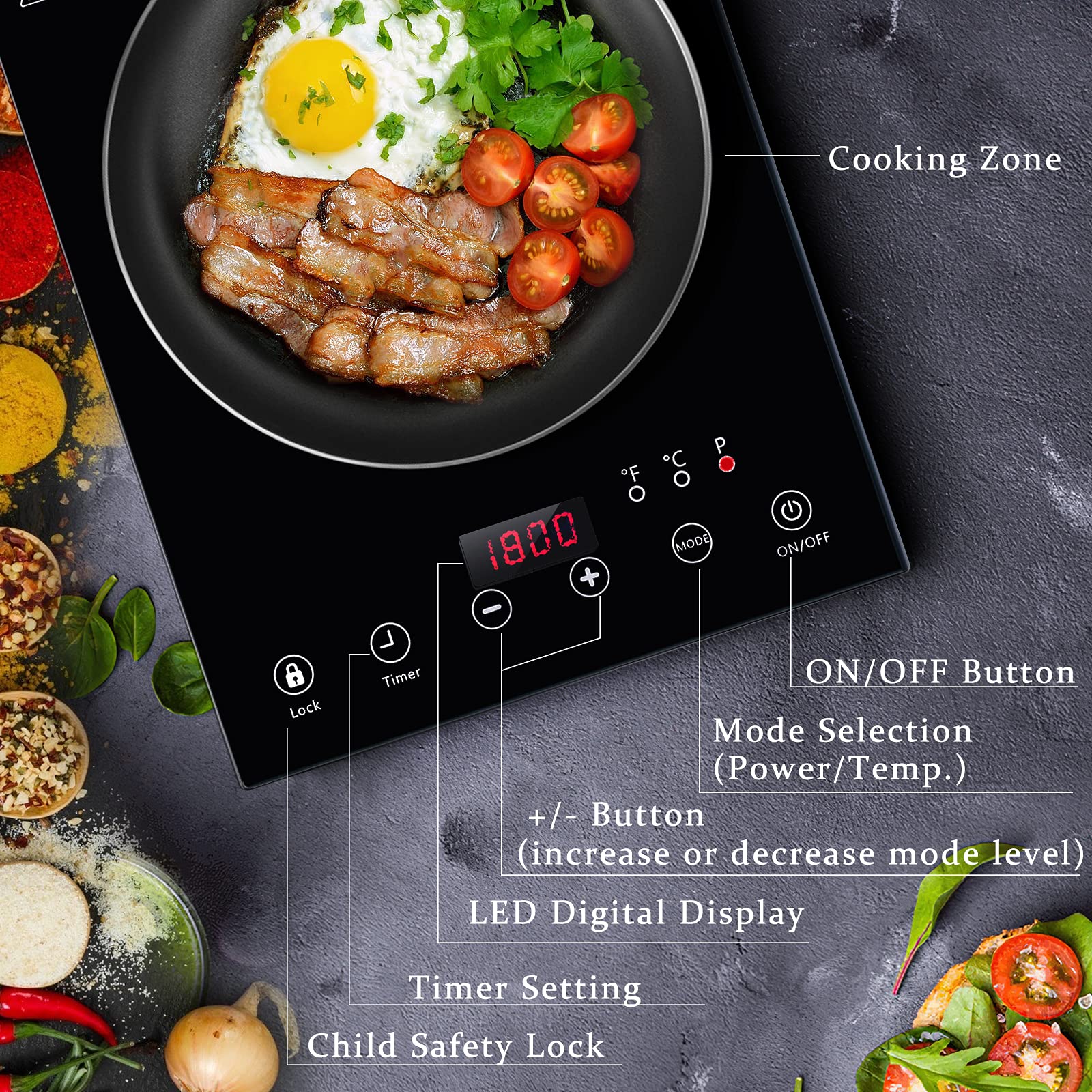 Portable Induction Cooktop, KXITGSIMRE 1800W Electric Induction Burner Cooktop with Child Safty Lock, 17 Power Levels 21 Temperature Setting, 3 Hours Timer