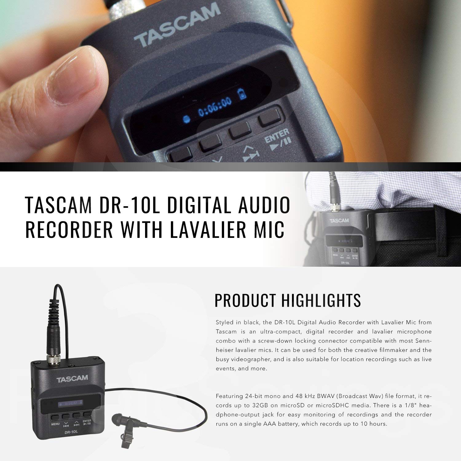 Tascam DR-10L Digital Audio Recorder Lavalier Mic Bundle Headphones + 32 GB + Batteries + FiberTique Cleaning Cloth