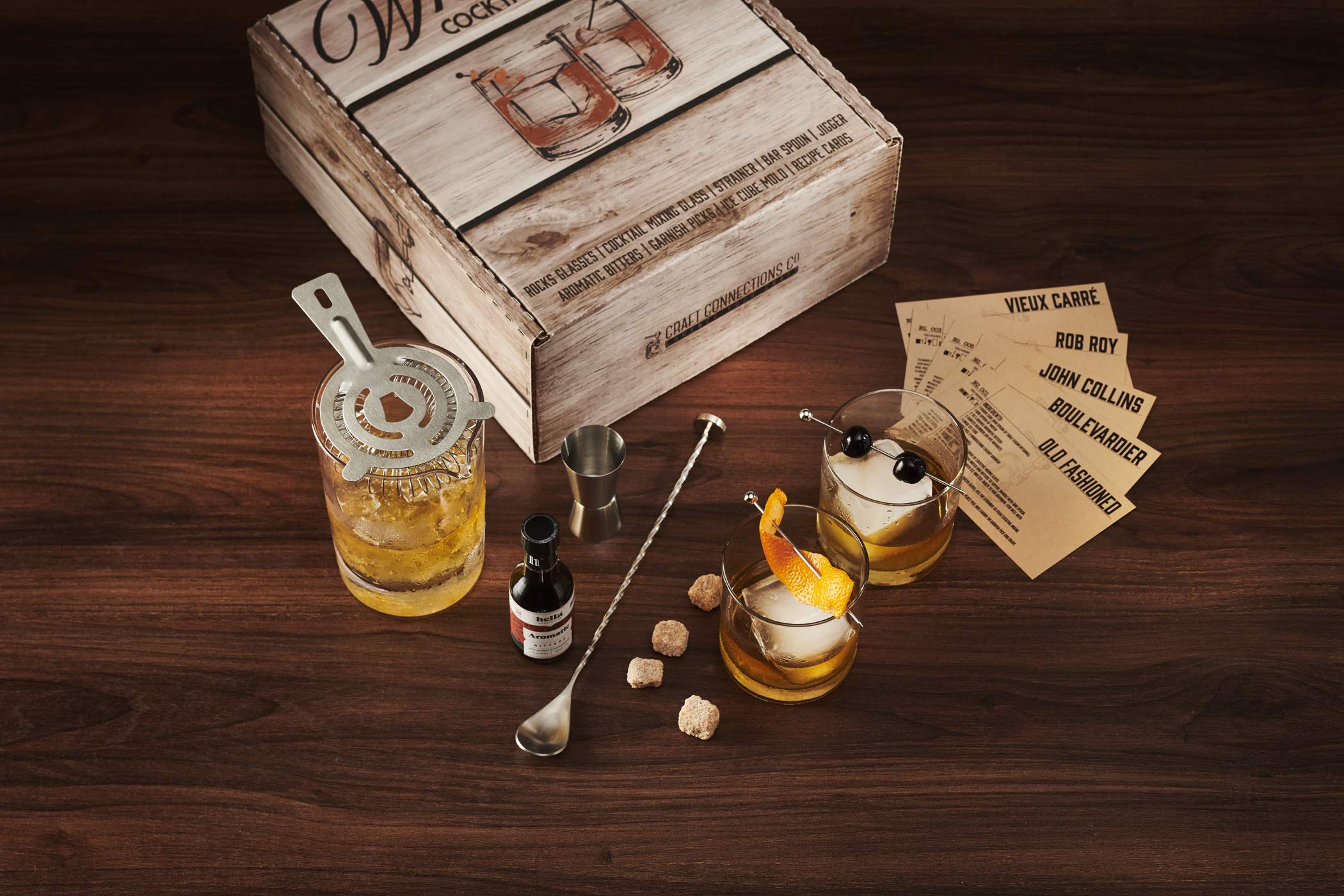 Whiskey Cocktail Kit: Rocks Drinking Glass Set, 750ml Crystal Mixing Glass, Ice Cube Mold, Stainless Bar Spoon Muddler, Strainer, Jigger, Garnish Picks, Bitters, Recipes Cards for Old Fashioned & More