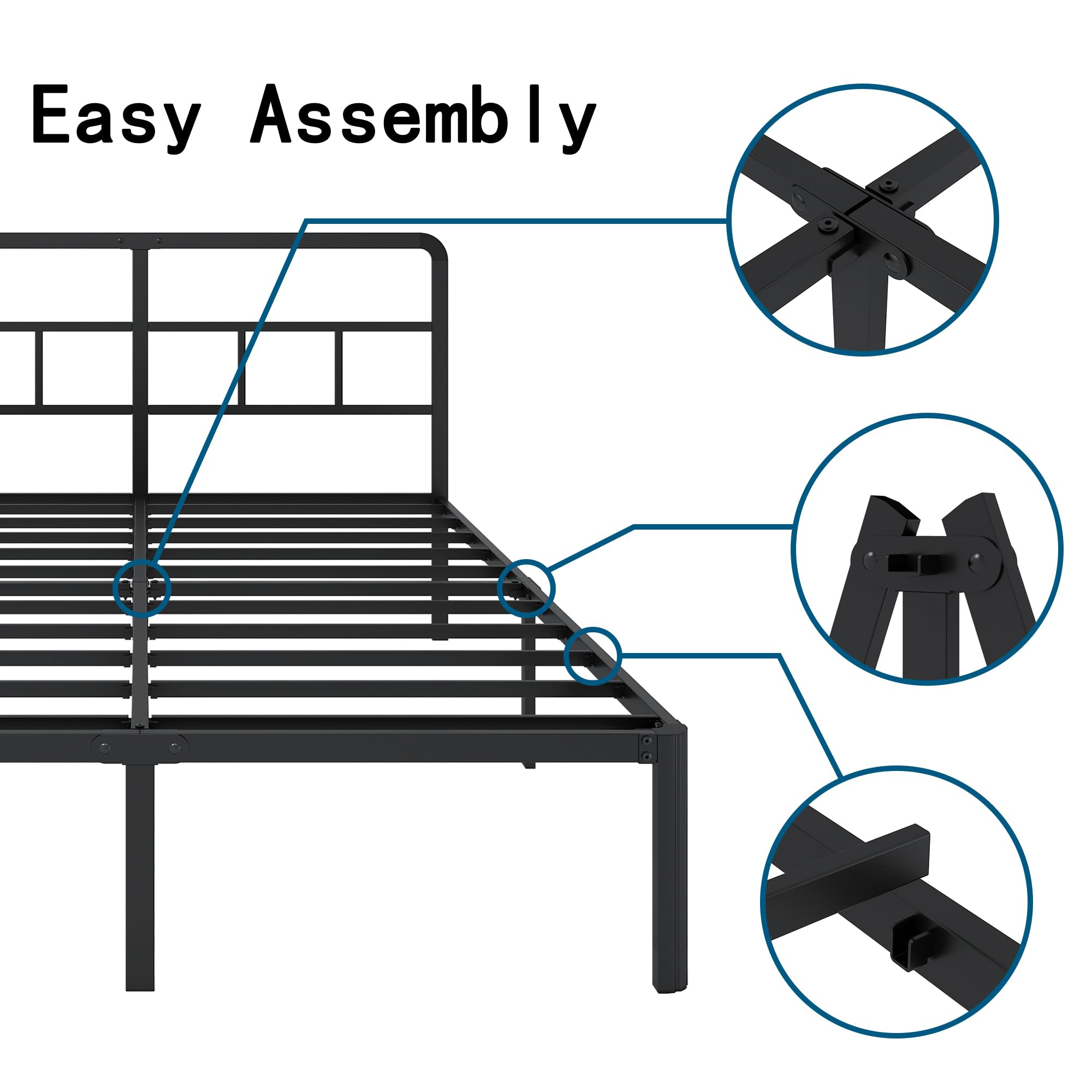 Riwanca 14 Inch Full Size Bed Frame with Headboard, No Box Spring Needed, Heavy Duty Black Metal Platform Mattress Foundation with Rounded Corners, Non-Slip Noise Free, Under Bed Storage Space