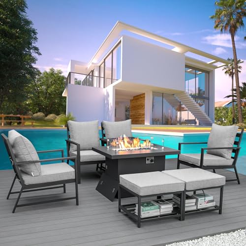 RADIATA 7 Piece High Back Aluminum Patio Furniture with Fire Pit Conversation Set with 43" Propane Fire Pit Table Outdoor Modern Luxury Sofa Set (Light Gray)