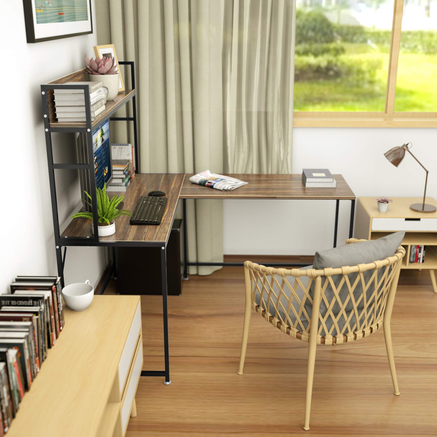 SEISSO Modern L-Shaped Corner Computer Desk with Hutch, 59 inch Wooden Writing Gaming Table Workstation PC Laptop Table with Storage Shelves for Home Office Study Living Room Bedroom