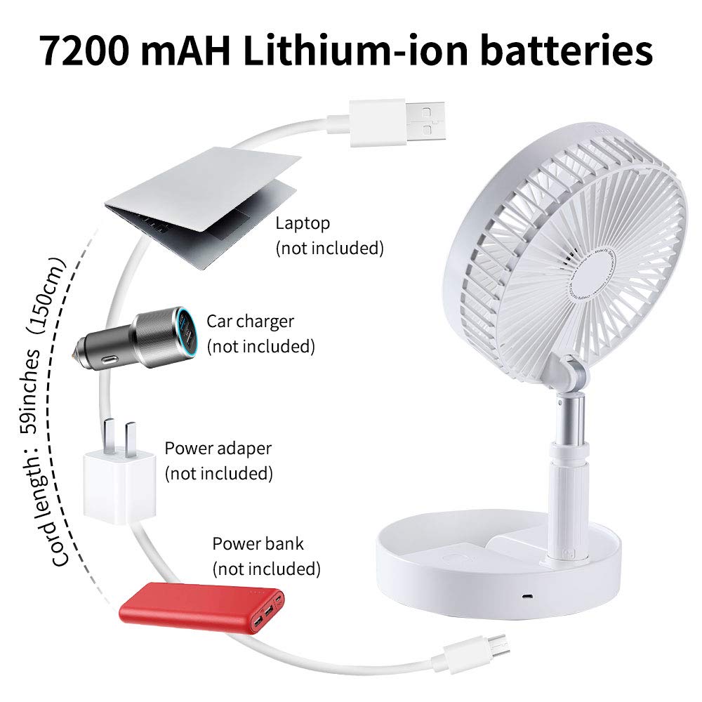 VS-Foru Height Adjustable Desk Fan-Folding and Portable Floor Fan-4 Speed Mini USB Fan-Rechargeable Camping Fan Use for Home Outdoor and Office