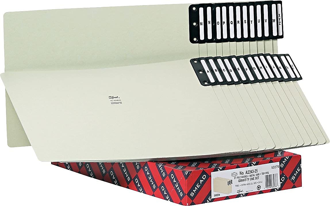 Smead 100% Recycled End Tab Pressboard File Guides, Vertical Metal Tab (A-Z), Extra Wide Legal Size, Gray/Green, Set of 25 (63276)