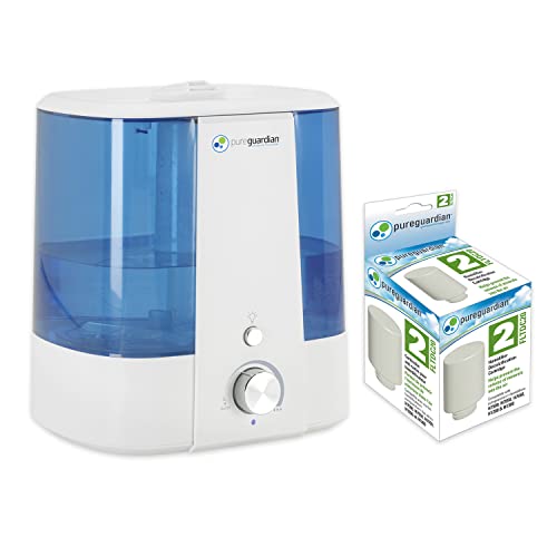 Pure Guardian H1175FL Ultrasonic Cool Mist Humidifier, 90 Hrs. Run Time, 1.5 Gal. Tank Capacity, 390 Sq. Ft. Coverage, Medium Rooms, Quiet, Filter Free, Silver Clean Treated Tank, Essential Oil Tray