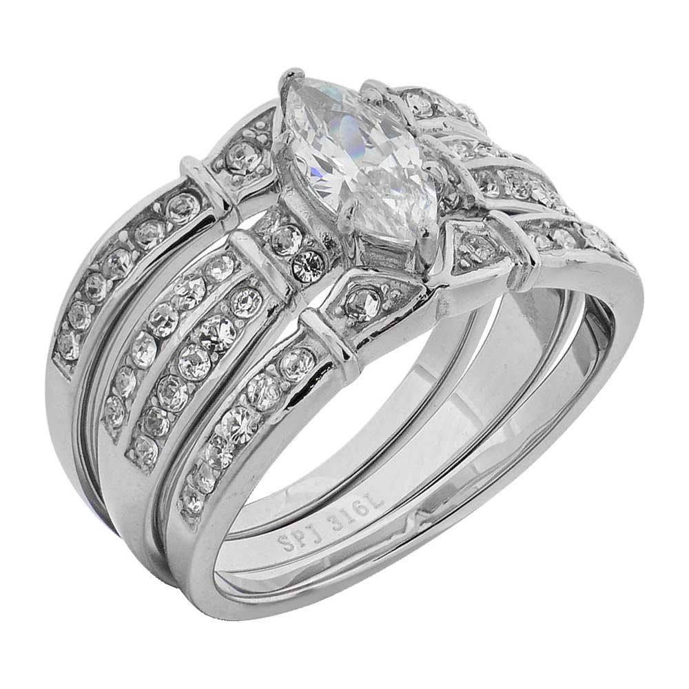 Stainless Steel Cubic Zirconia Wedding Ring Set Marquise Style for women's size 6