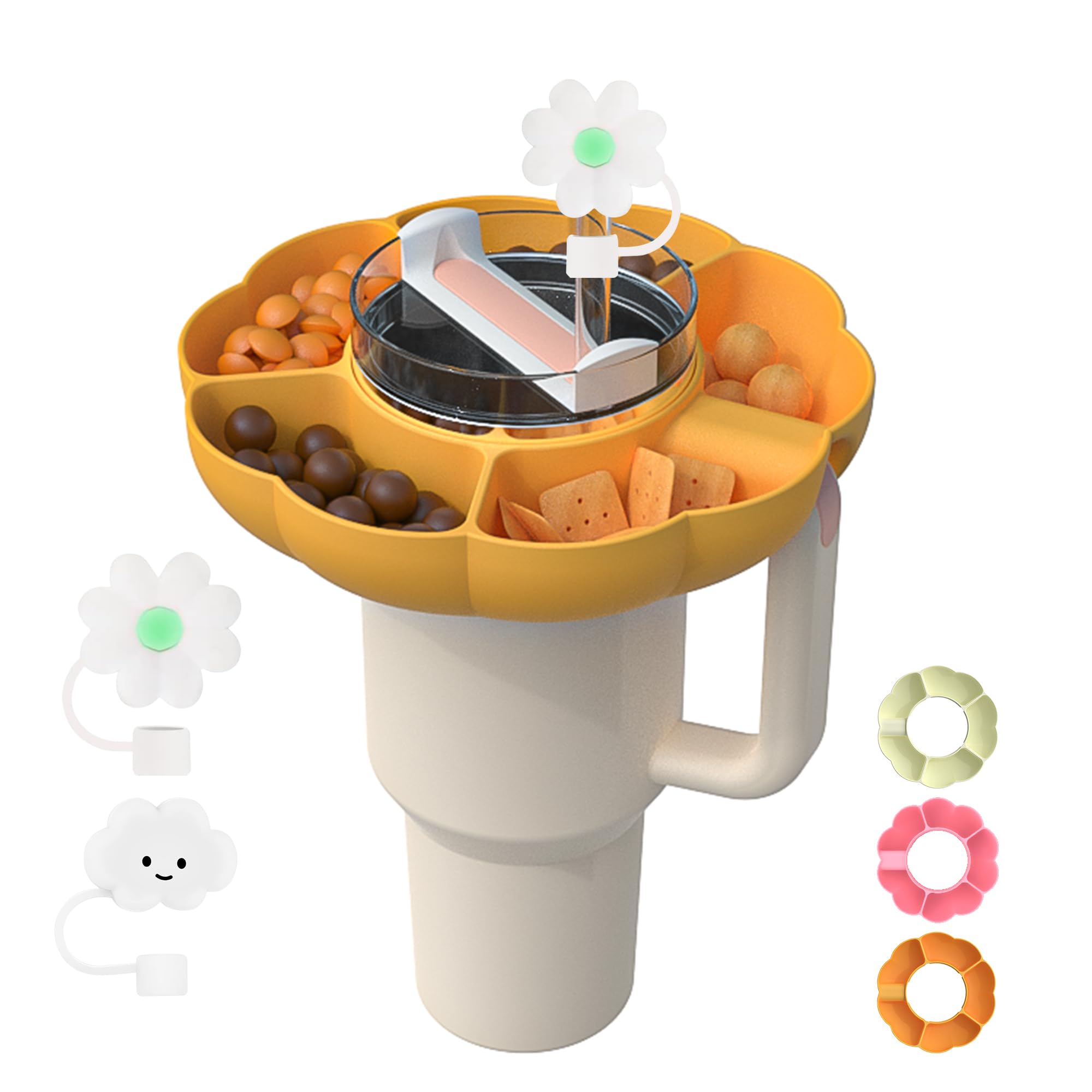 RENUIS Snack Bowl for Stanley 40 Oz Tumbler with Handle, Silicone Snack Tray with 5 Compartment,Reusable Snack Ring with 2pcs Straw Toppers for Stanley Cup Accessories,Portable Snack Holder