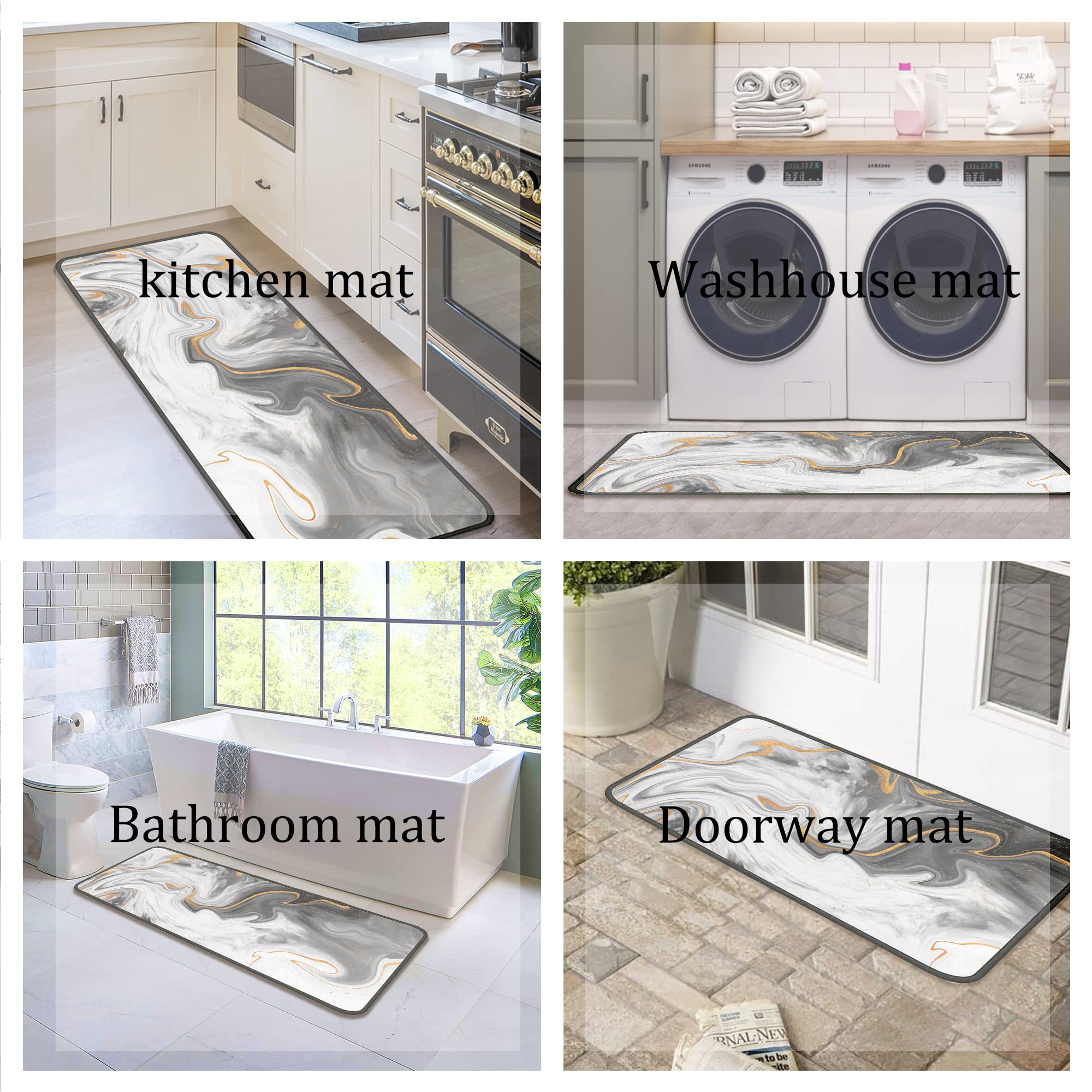 White Marble Kitchen Rugs and Mats Non Skid Washable Absorbent Stain Resistant,Durable and Easy to Clean,Kitchen Rug Set of 2 Marble Kitchen Deco 17"x47"+17"x30"