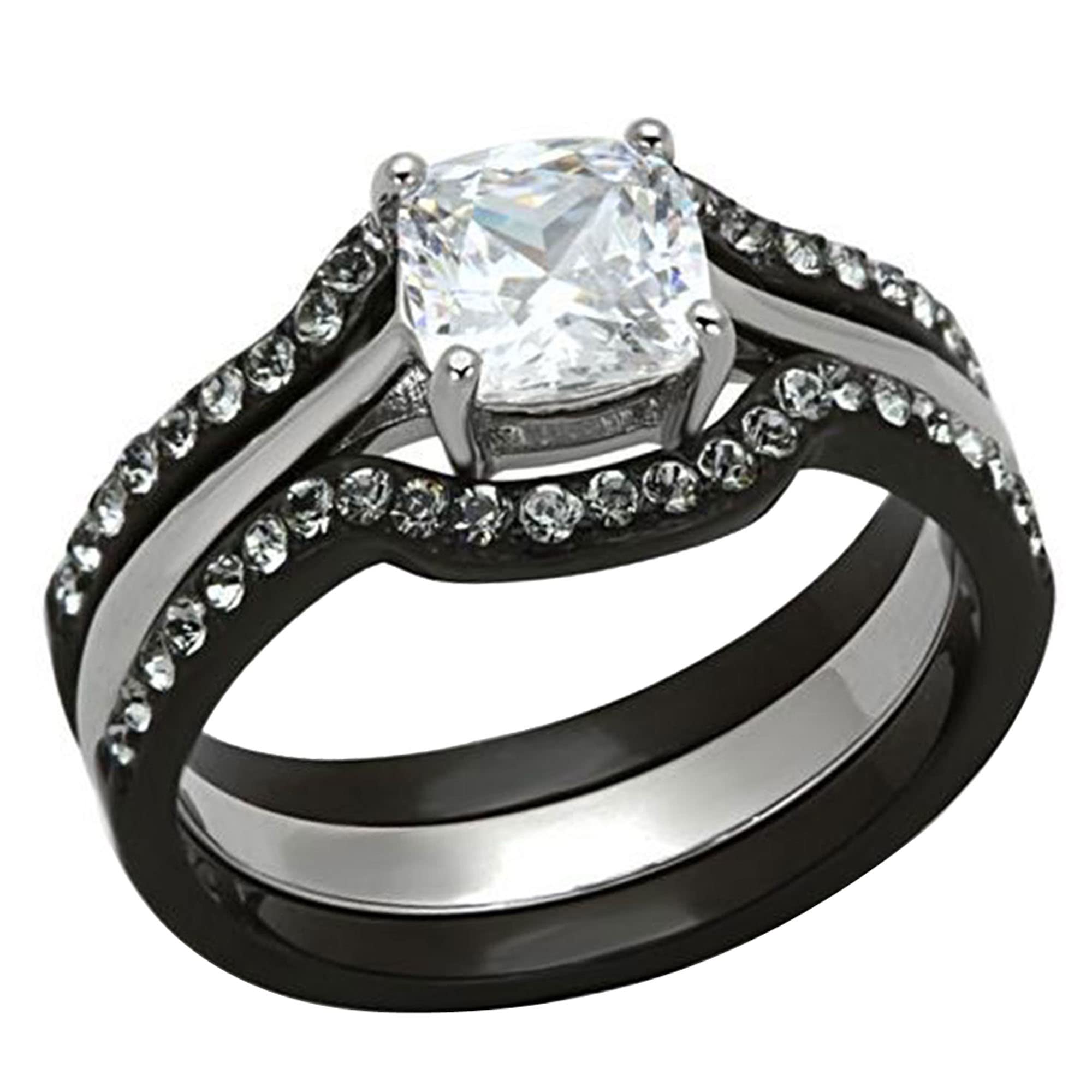 Stainless Steel Wedding Ring Set for Women Cushion Cut Cubic Zirconia Ring Set Black