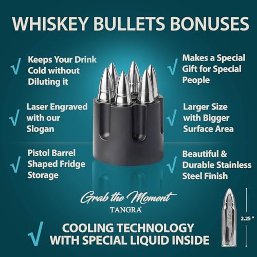 Whiskey Stones Large 6 Laser Engraved Stainless Steel Silver Bullets with Revolver Barrel Base Reusable Chilling Rocks Stone Ice Cubes Chillers Birth Day Gift Set for Father's Day, Military Man